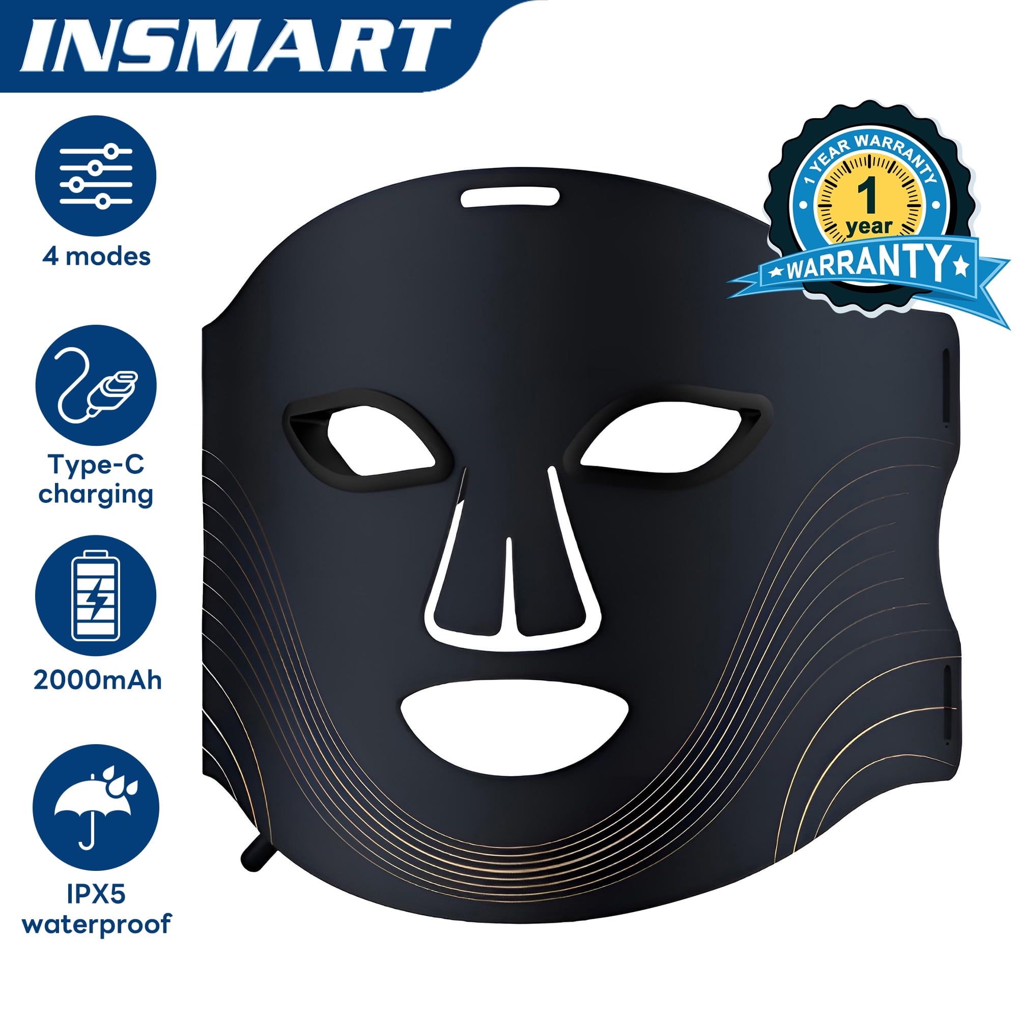 INSMART 4-in-1 LED Face Mask, 180 LEDs, IPX5, 2000mAh, Type-C, Red ...