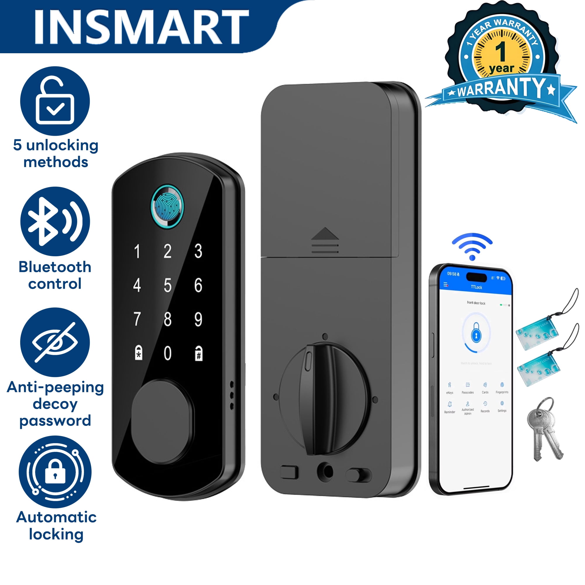 INSMART Smart Door Lock, Fingerprint Keyless Entry with APP Control ...