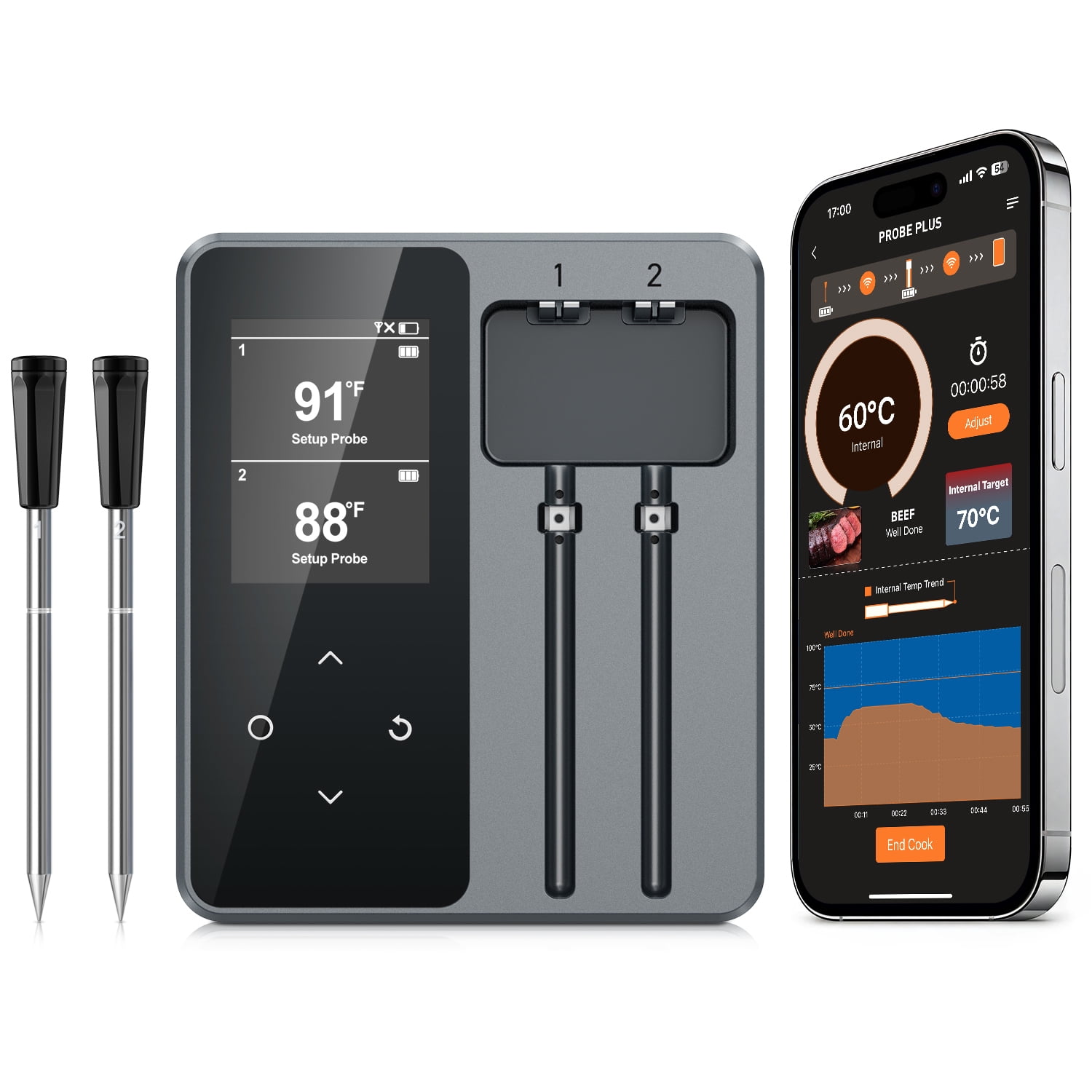INSMART Smart Wireless Meat Thermometer with 2 Ultra-Thin Probes,430FT ...