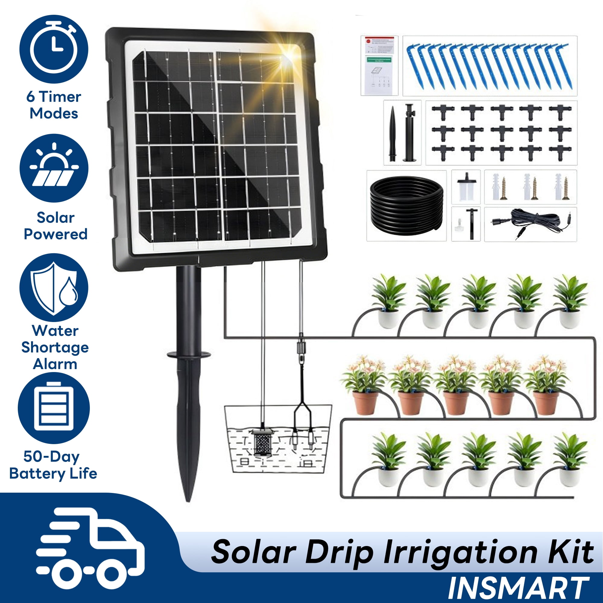 INSMART Solar Automatic Drip Irrigation Kit System, 2200mAh Battery ...