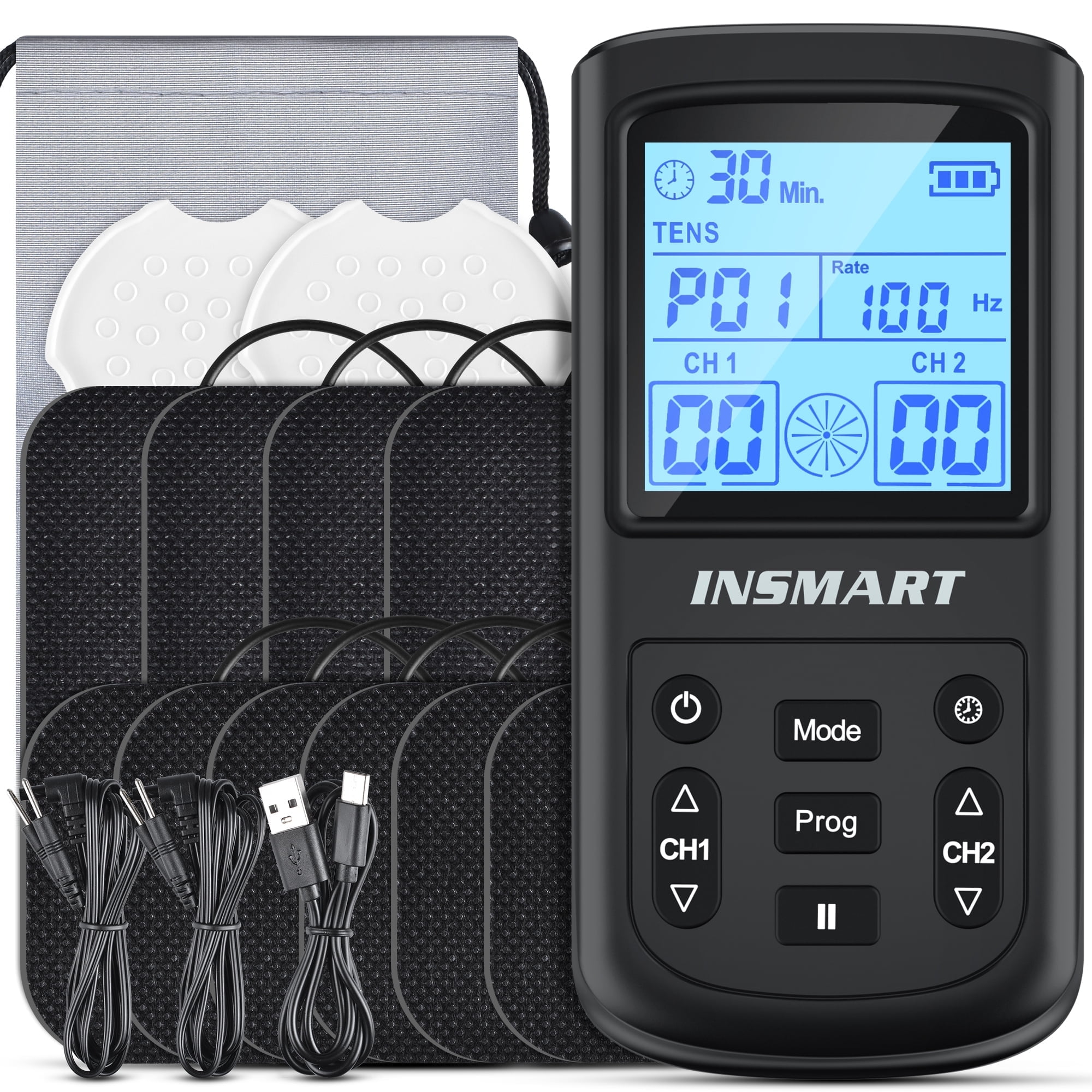 INSMART TENS Unit Rechargeable Muscle Stimulator-Electrode Wireless ...