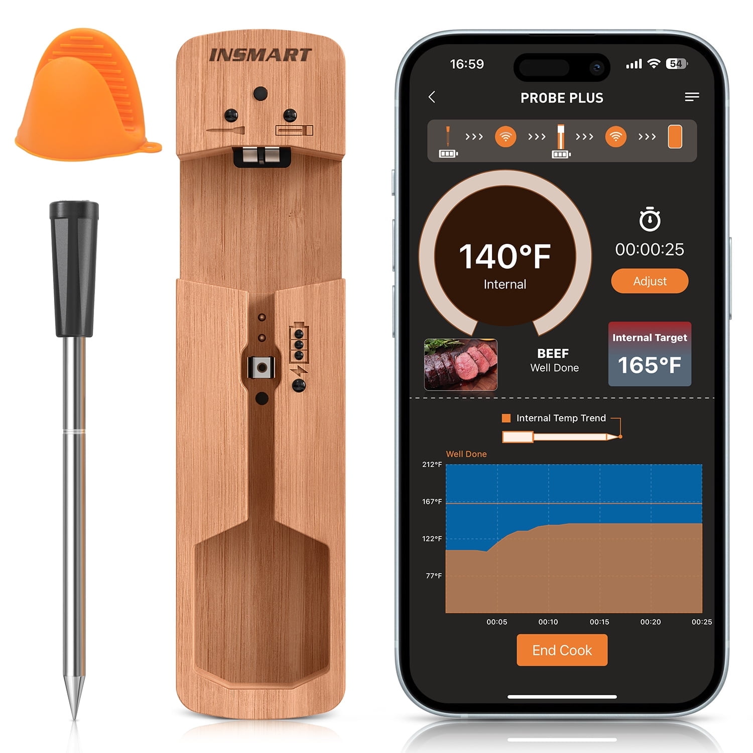 INSMART Wireless Bluetooth Meat Thermometer, 330FT Range, Waterproof ...