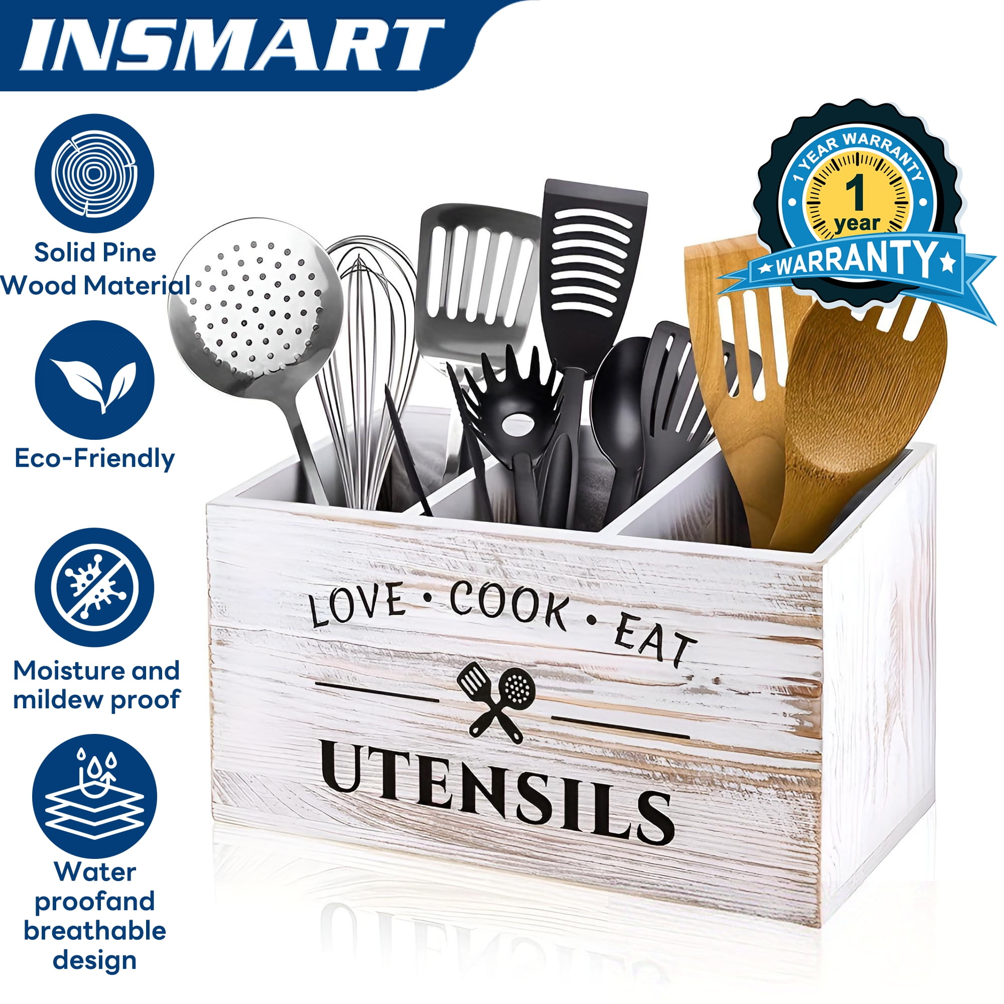 INSMART Wooden Kitchen Utensil Holder with 3 Compartments & Drainage ...