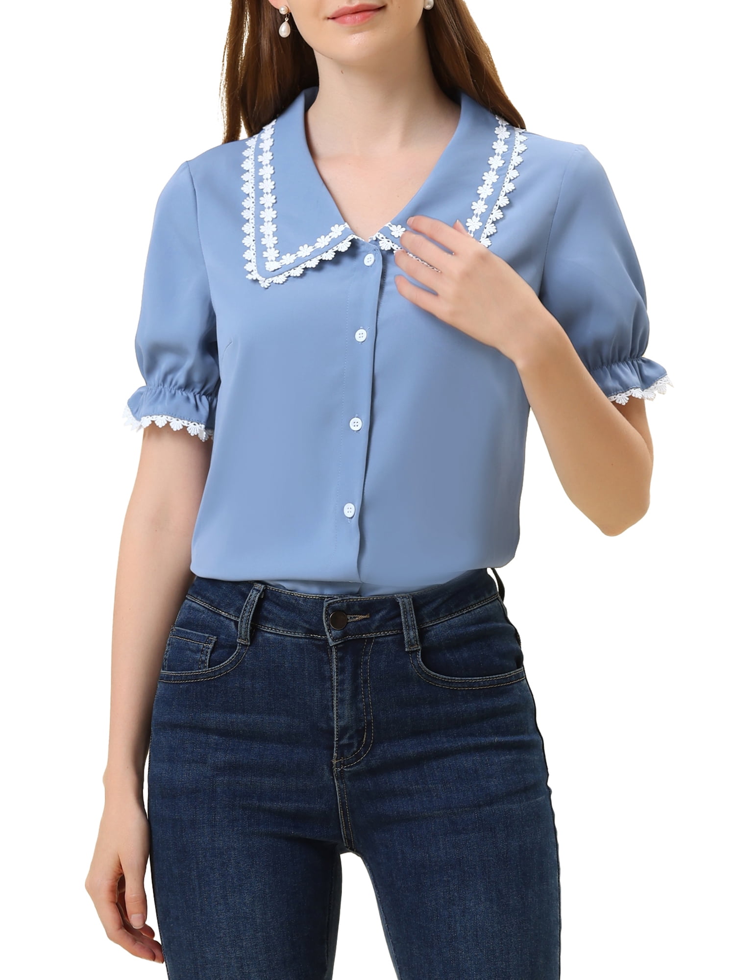 INSPIRE CHIC Women's Sweet Peter Pan Contrast Collar Short Sleeves ...