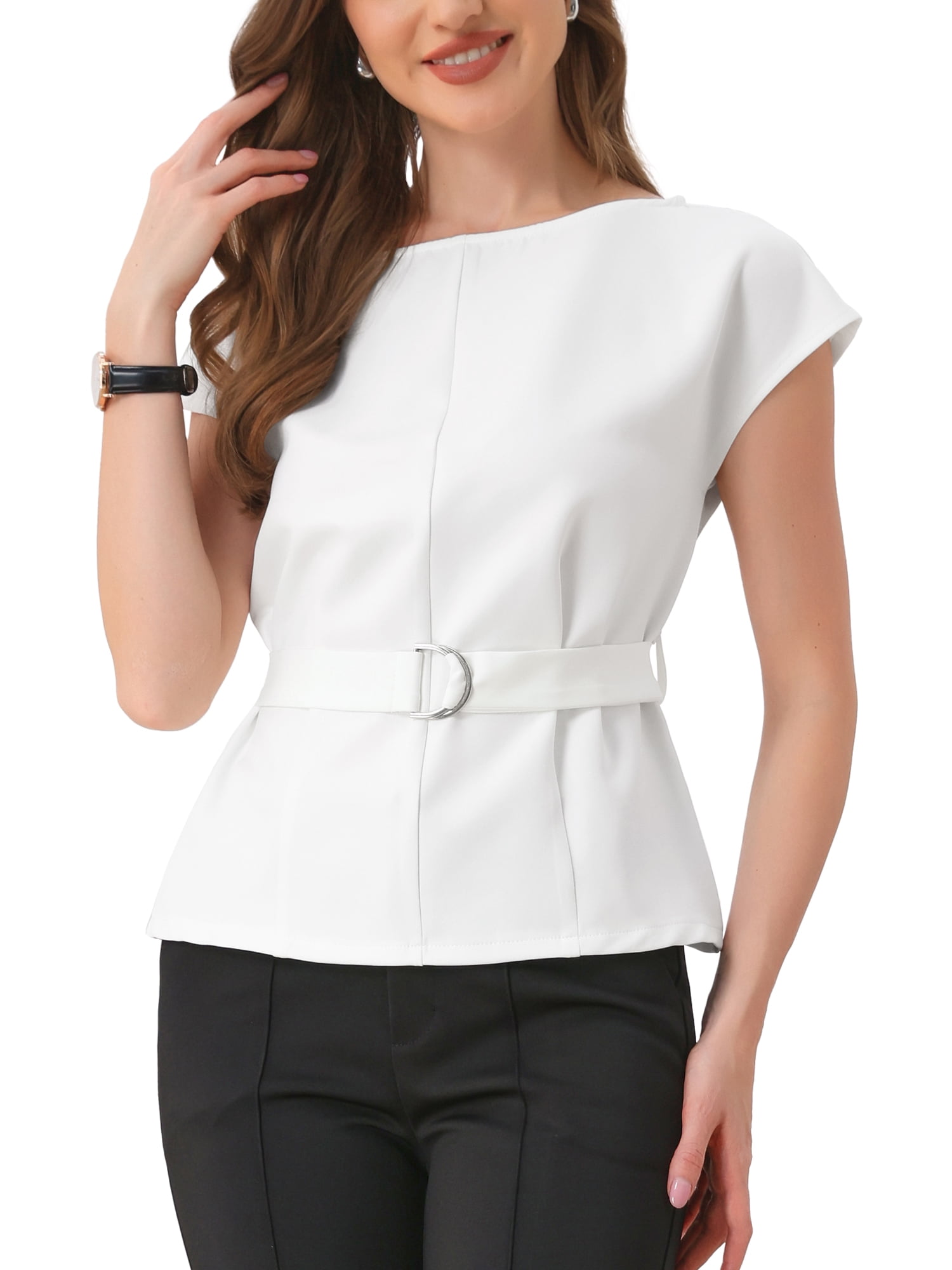 INSPIRE CHIC Cap Sleeve Dressy Top for Women's Boat Neck Office Work ...