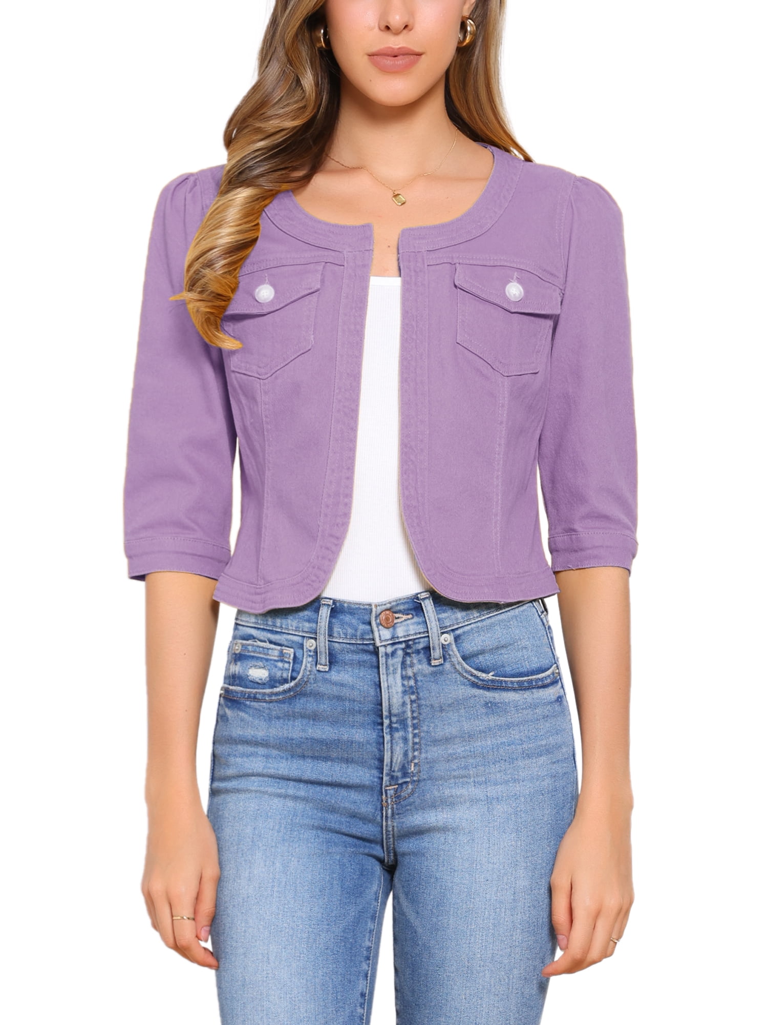 INSPIRE CHIC Women's Denim Jackets Collarless 3/4 Sleeves Crop Jean ...