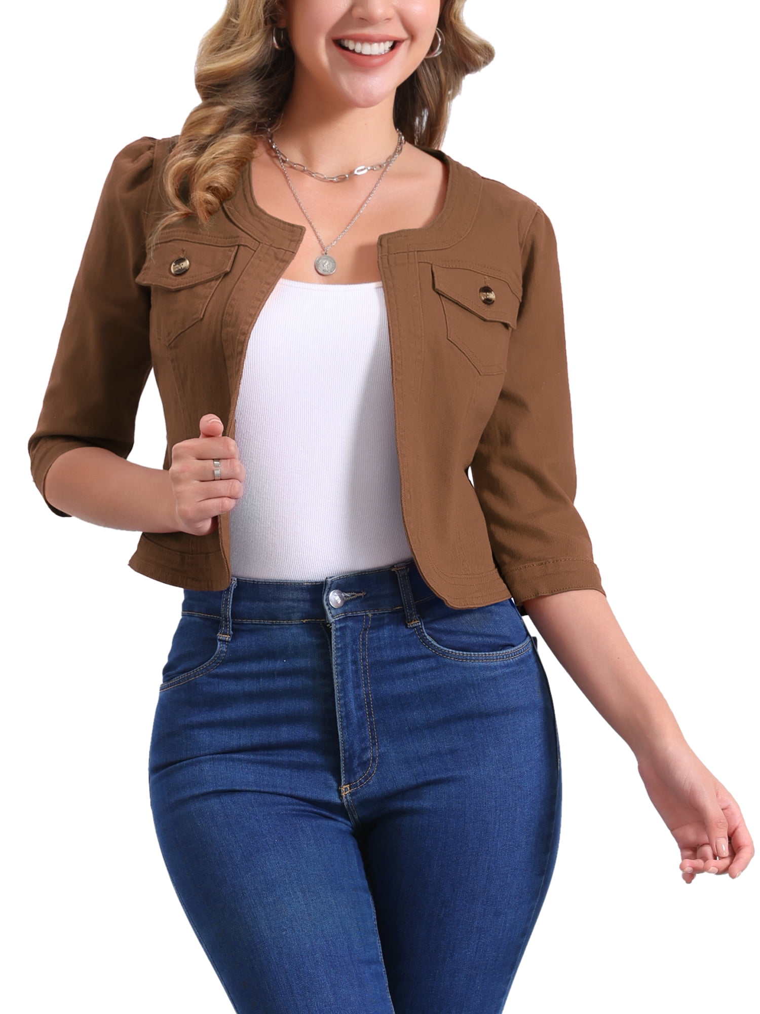 INSPIRE CHIC Women's Round Neck Collarless 3/4 Sleeves Crop Denim Cardigan Jackets XL Brown ...