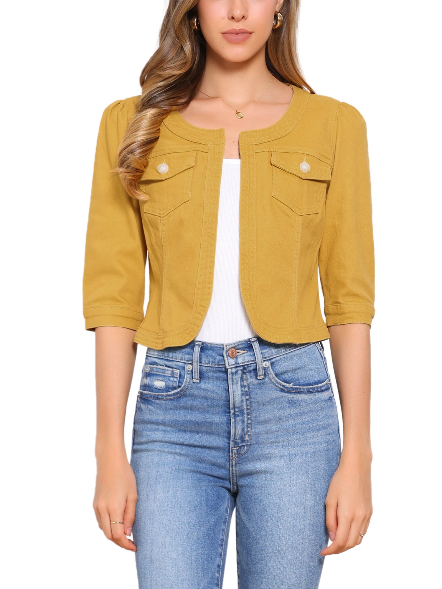 INSPIRE CHIC Women's Round Neck Collarless 3/4 Sleeves Crop Denim ...