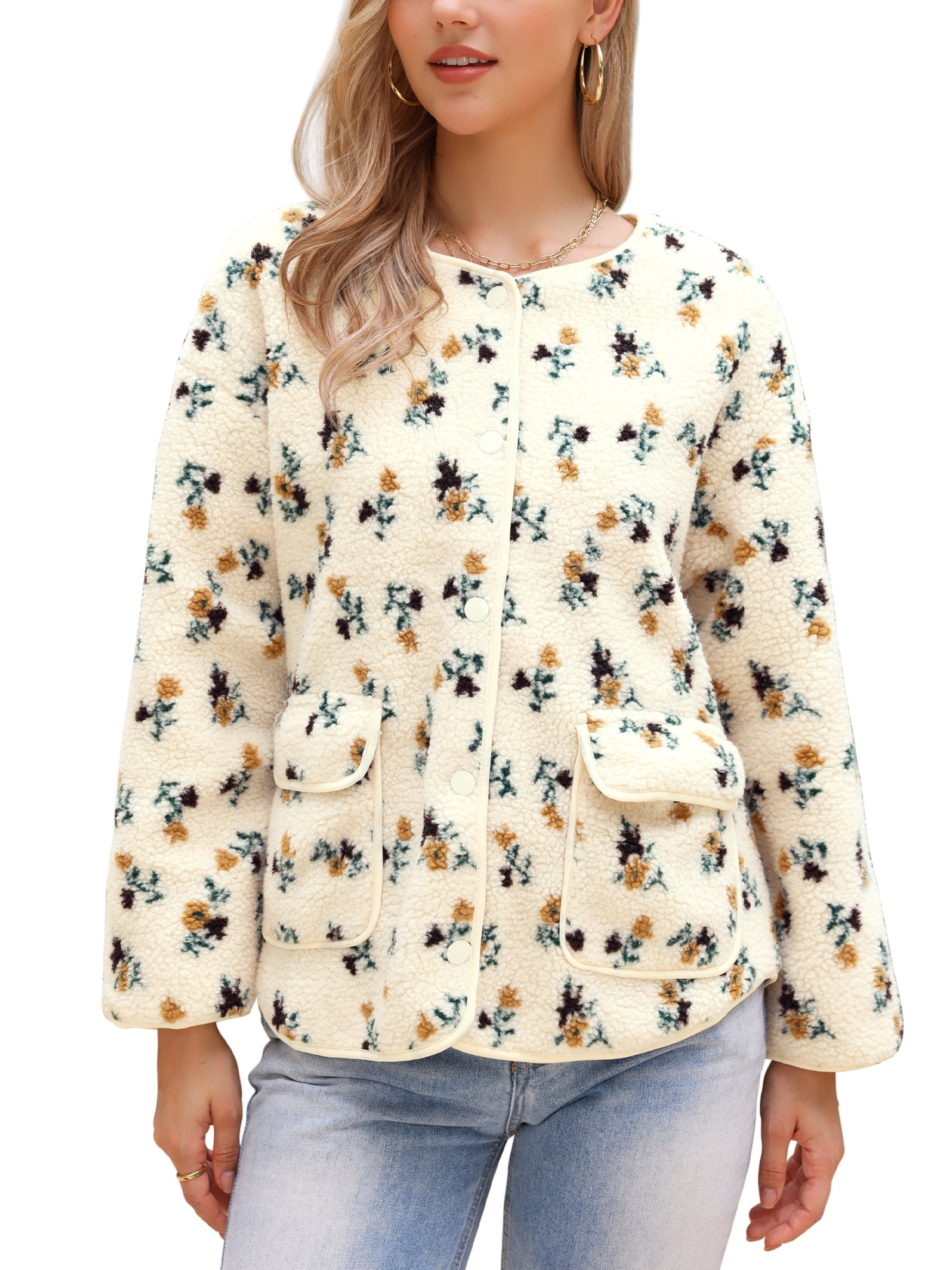 INSPIRE CHIC Fleece Jacket for Women's Vintage Floral Print Long Sleeve ...