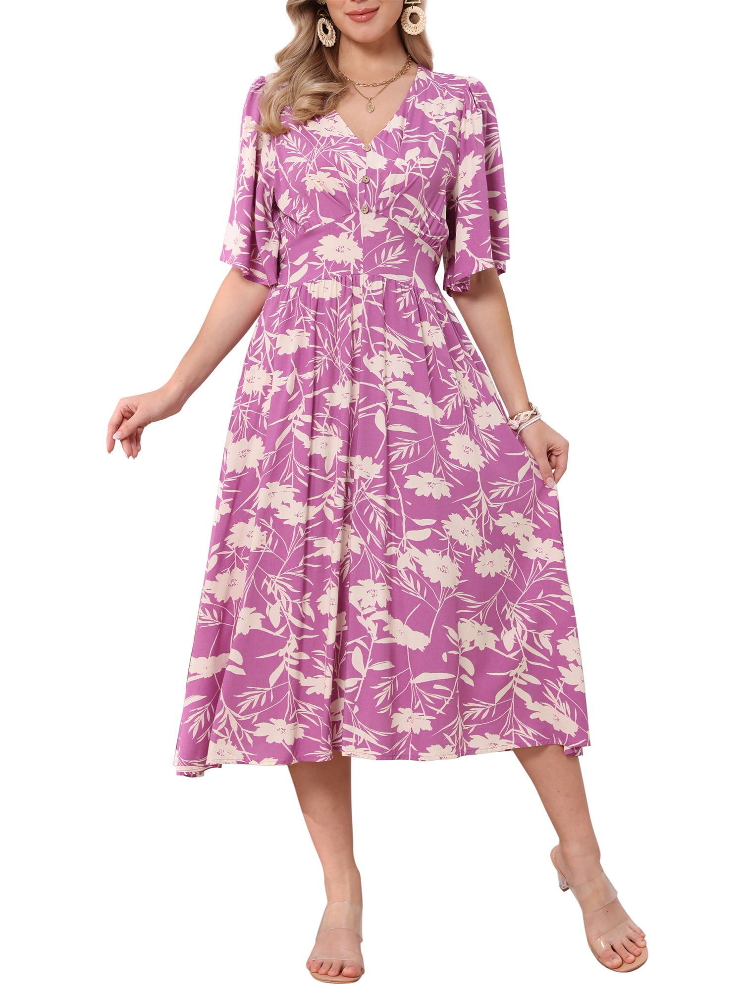 INSPIRE CHIC Floral Midi Dress for Women's Casual Summer Ruffle Sleeve ...