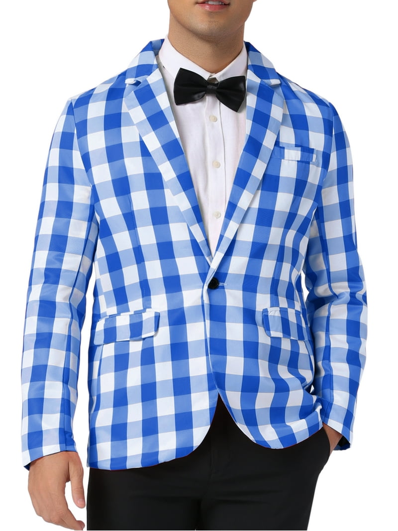 blue checkered pattern suit