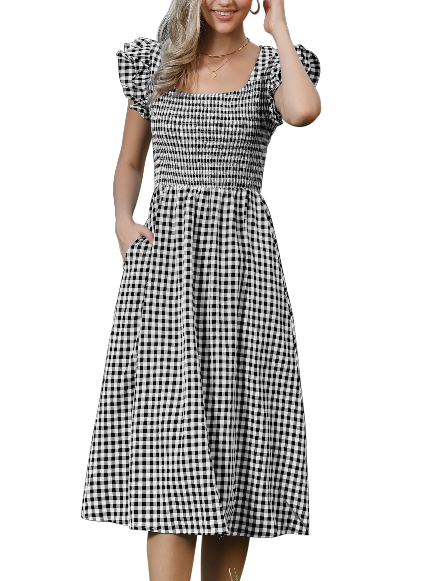 INSPIRE CHIC Women's Gingham Plaid Midi Dress Square Neck Smocked Waist ...