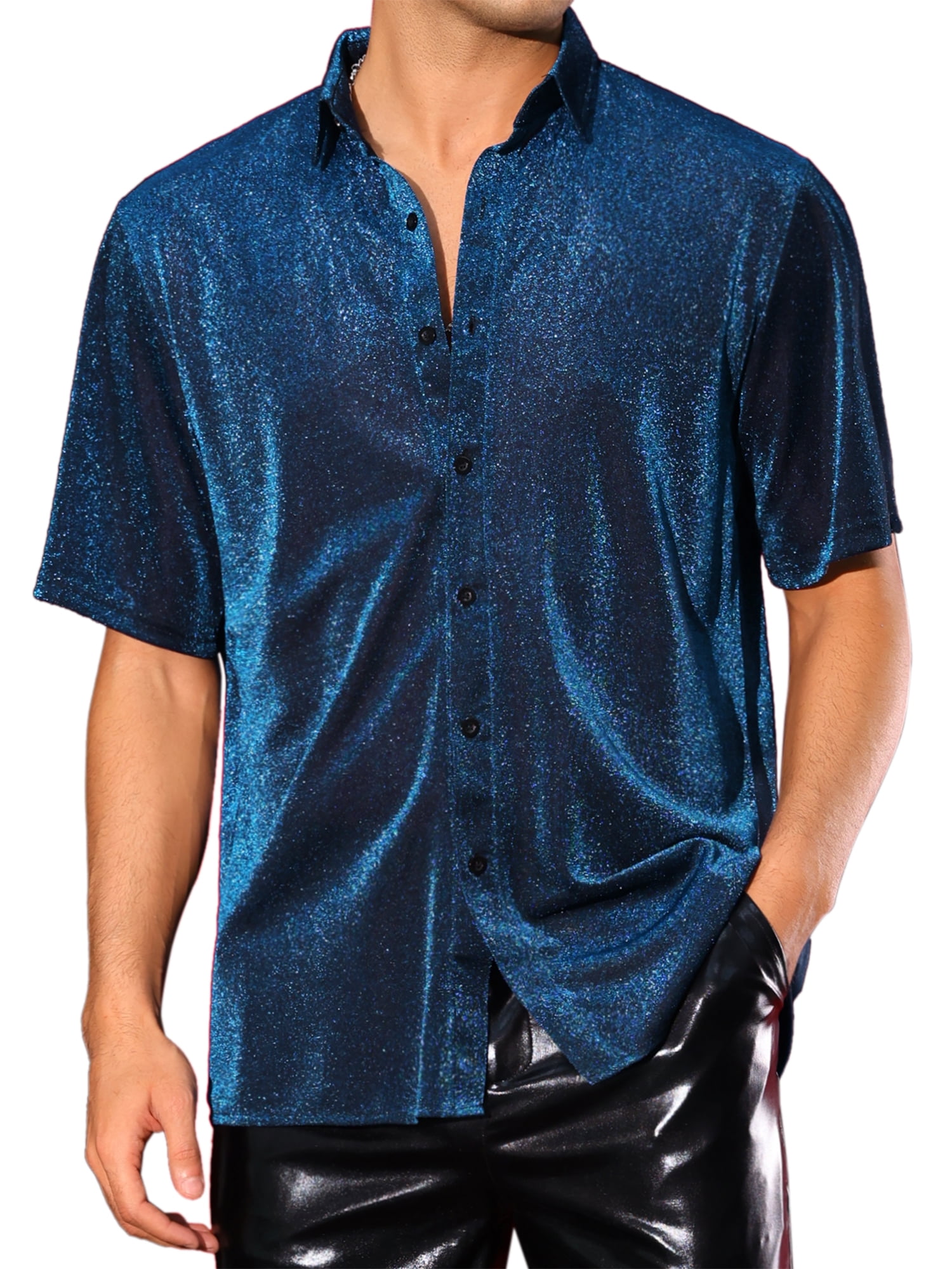 INSPIRE CHIC Glitter Sheer Shirt for Men's Shiny Mesh Short Sleeve Top ...