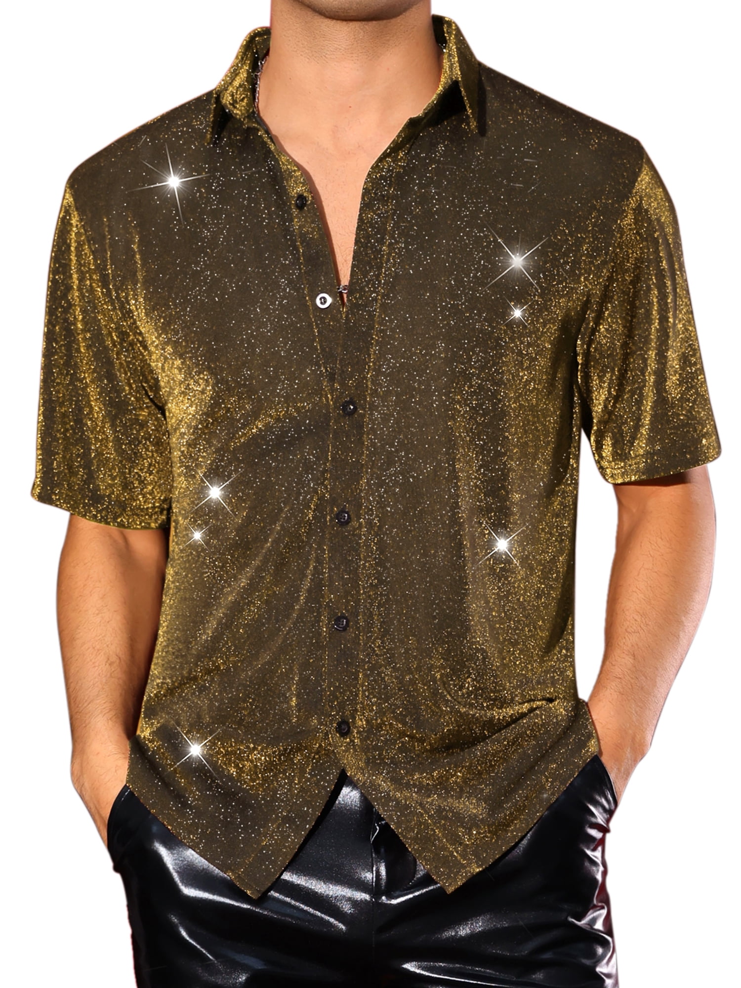 INSPIRE CHIC Glitter Sheer Shirt for Men's Shiny Mesh Short Sleeve Top ...