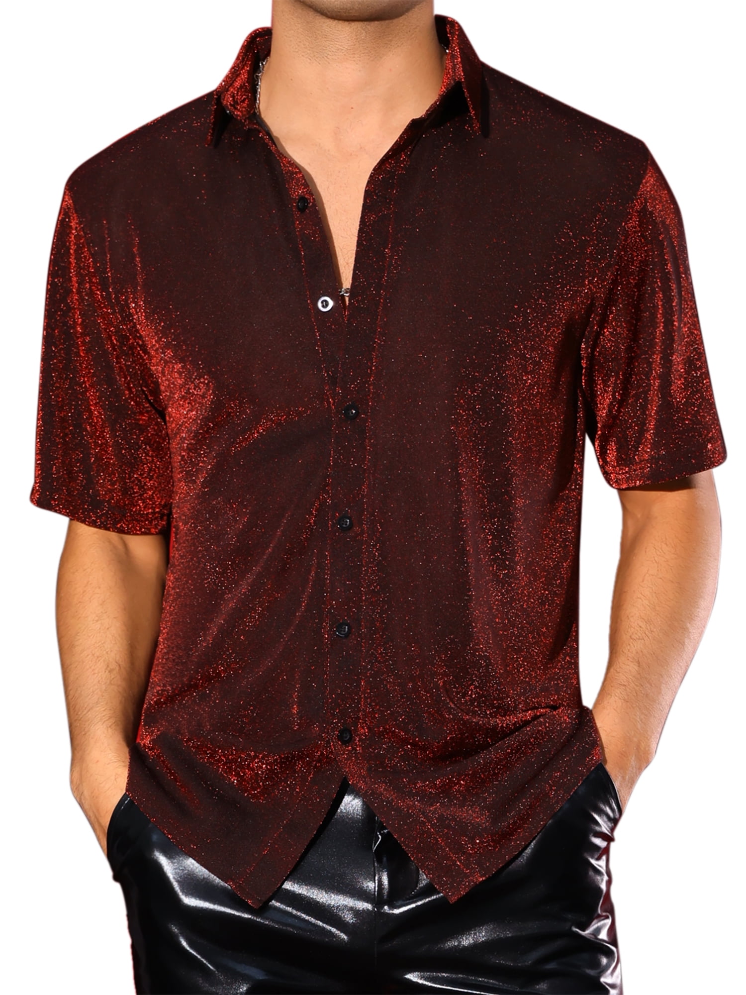 INSPIRE CHIC Glitter Sheer Shirt for Men's Shiny Mesh Short Sleeve Top ...