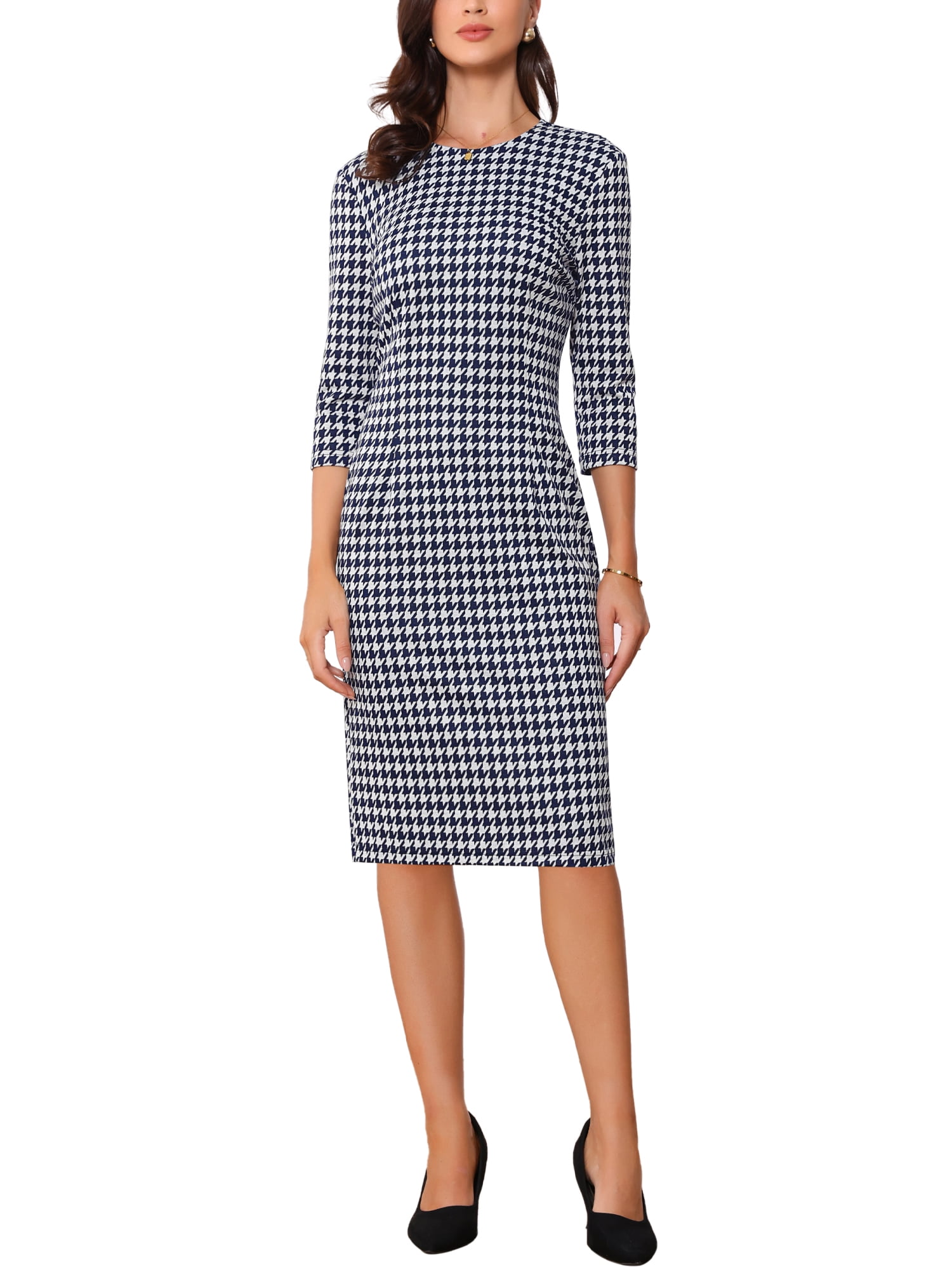 INSPIRE CHIC Houndstooth Dress for Women's 3/4 Sleeve Elegant Cinched ...