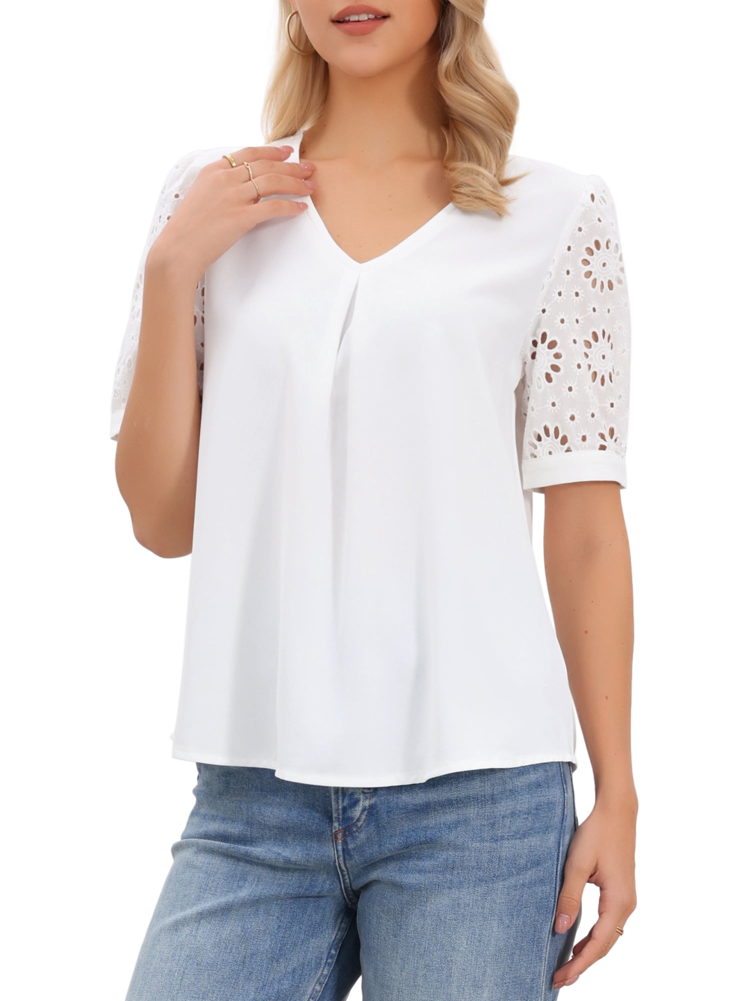INSPIRE CHIC Lace Sleeve Blouses for Women's V Neck Cutout Short Sleeve ...