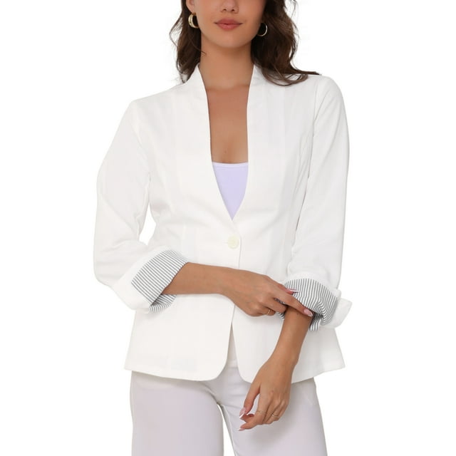 INSPIRE CHIC Linen Blazer for Women's V Neck Single Button Long Sleeve Solid Work Business ...