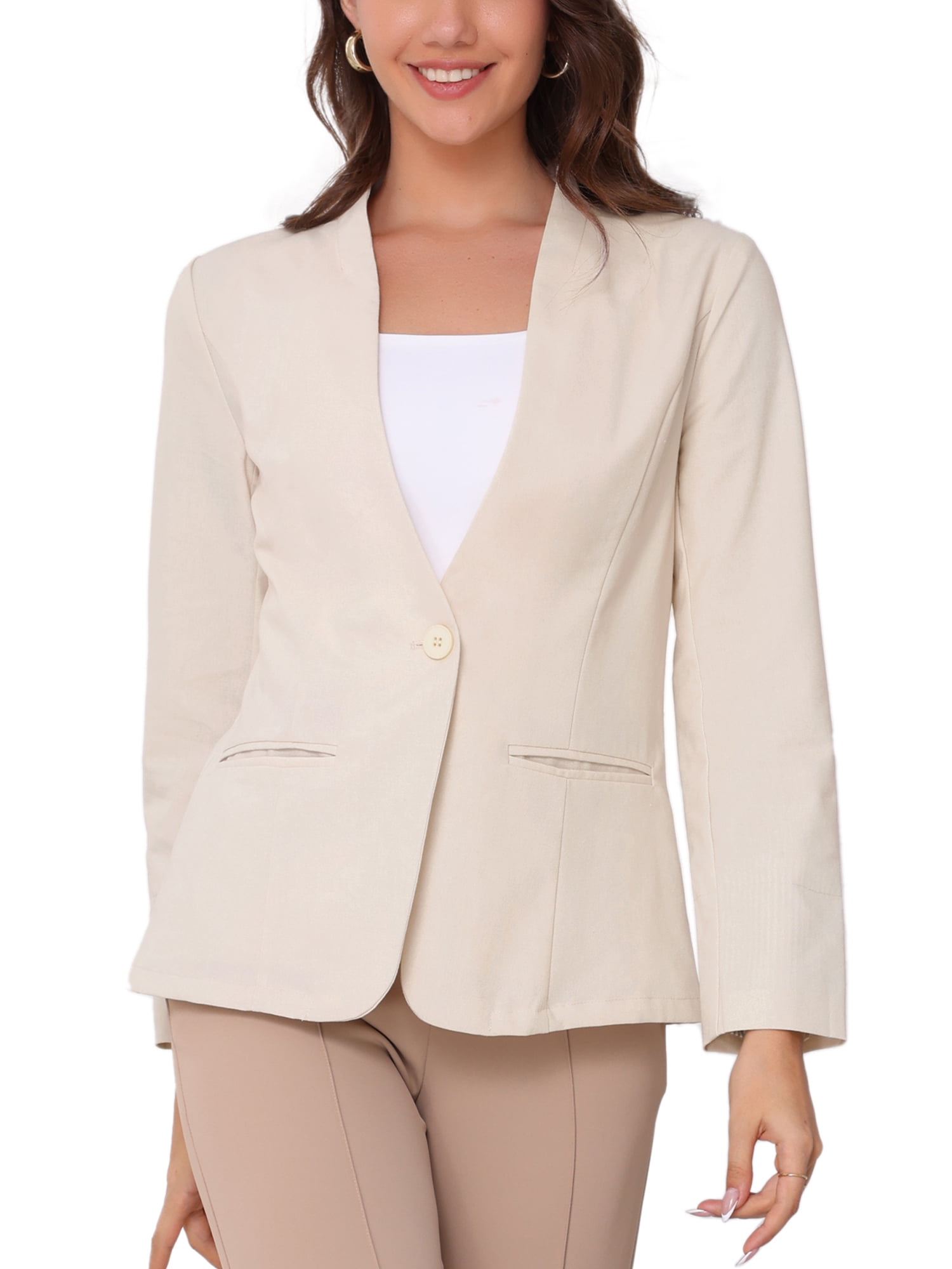 INSPIRE CHIC Women's Linen Blazers Solid Color One Button Long Sleeve ...