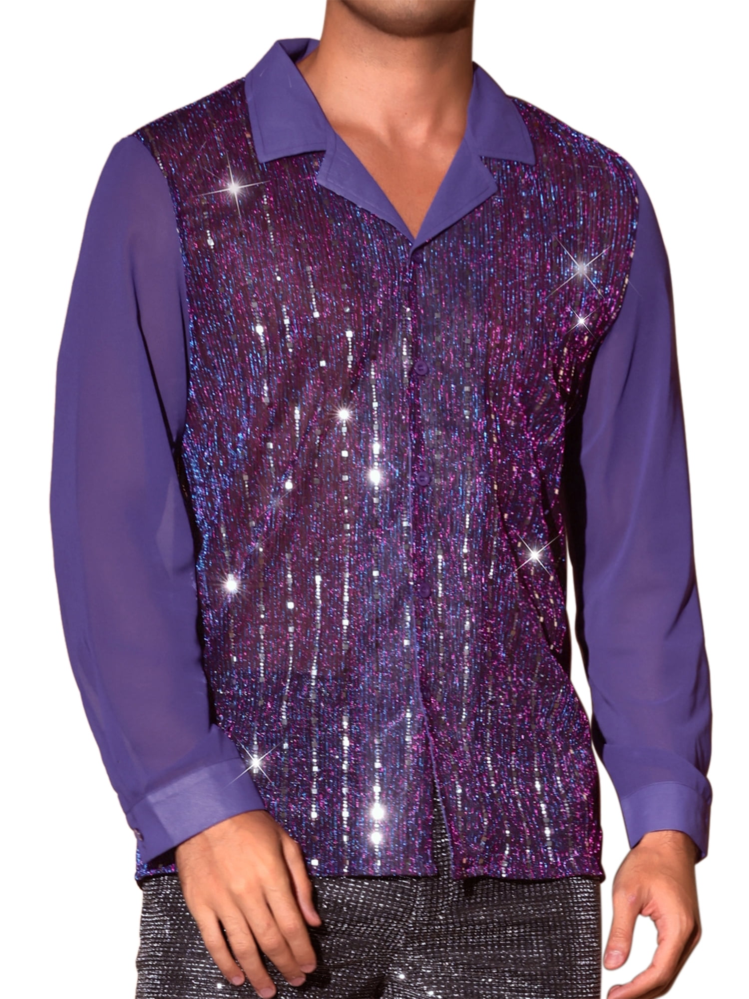 INSPIRE CHIC Men's Camp Collar Long Sleeve Sequin See Through Shirt S ...