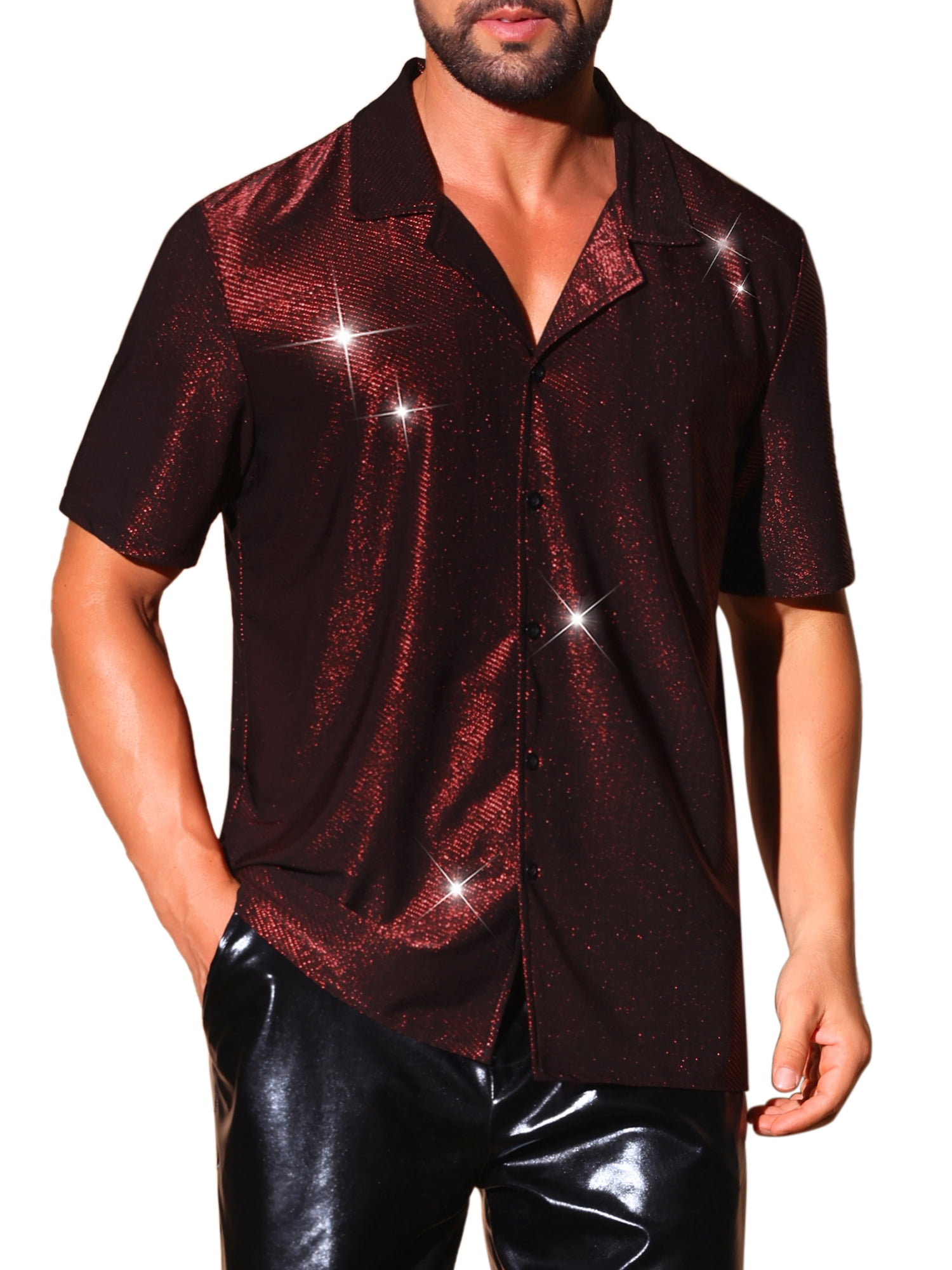 INSPIRE CHIC Men's Camp Collar Metallic Short Sleeve Button Down Shiny ...