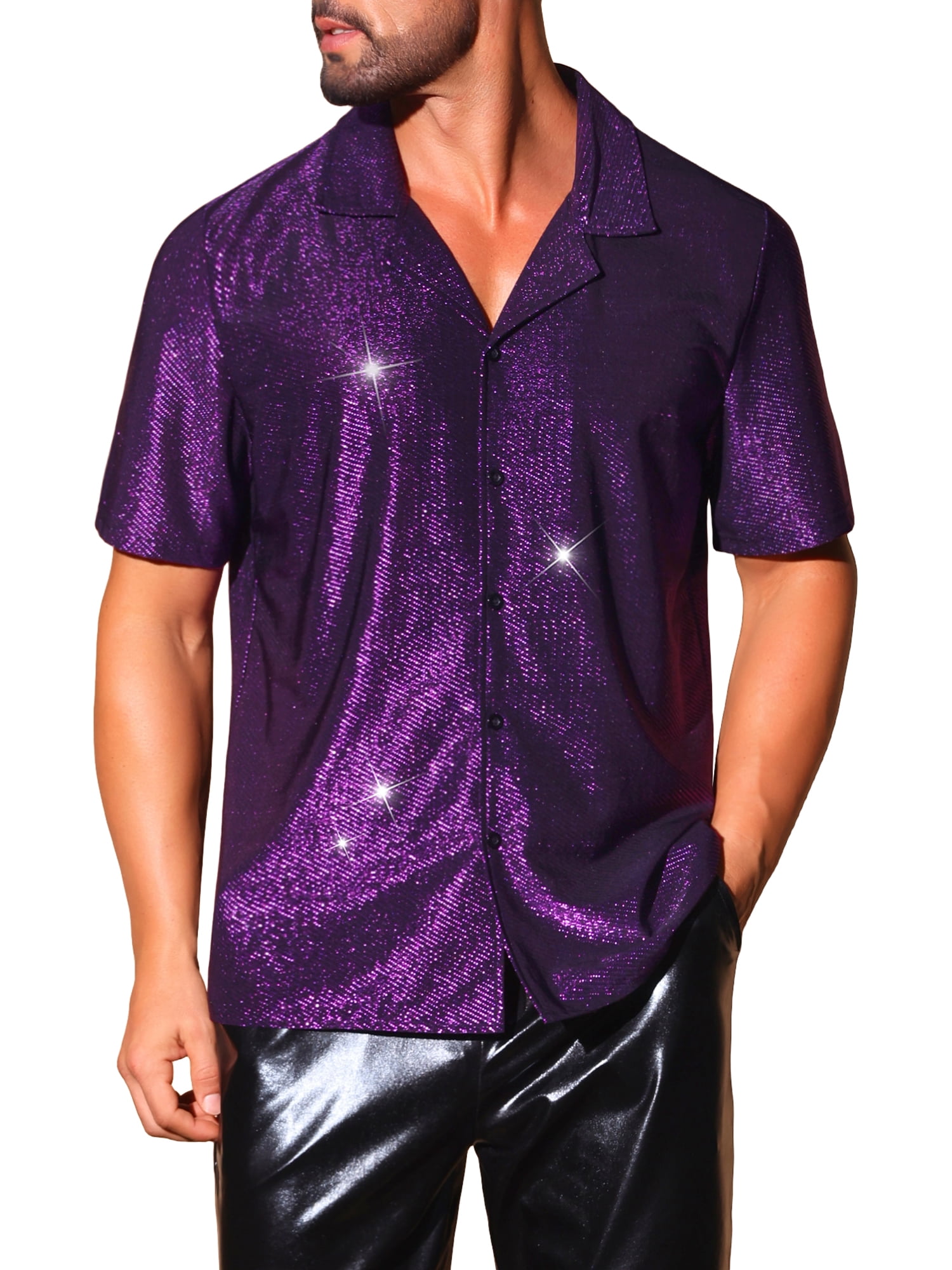 INSPIRE CHIC Men's Camp Collar Metallic Short Sleeve Button Down Shiny ...