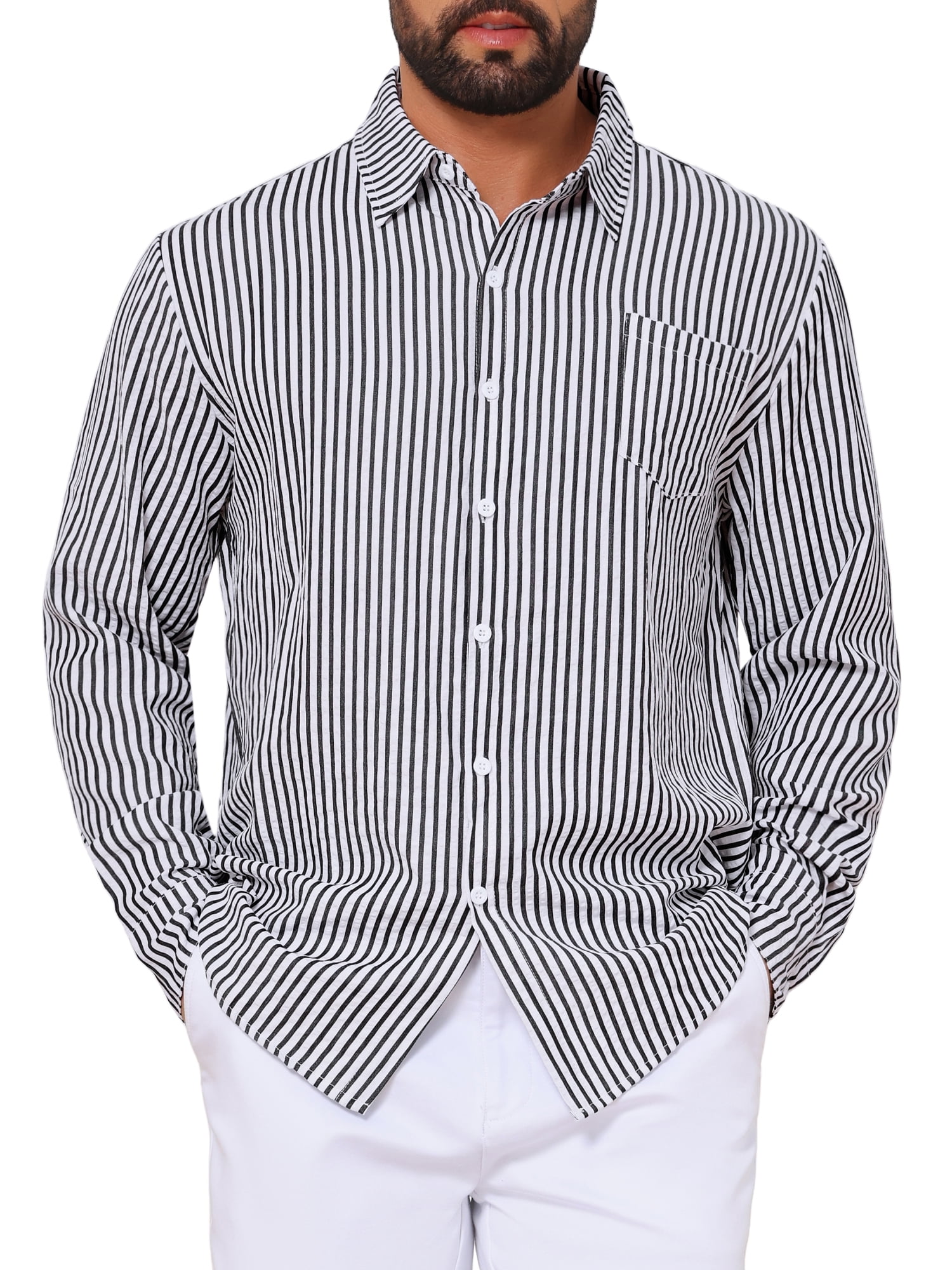 INSPIRE CHIC Men's Casual Long Sleeve Seersucker Striped Shirt with ...