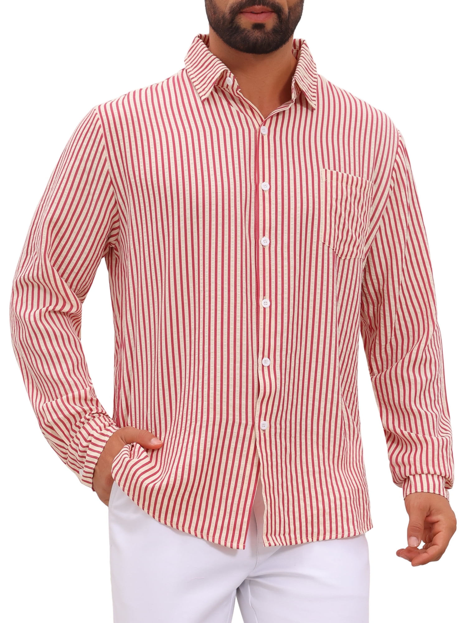 INSPIRE CHIC Men's Casual Long Sleeve Seersucker Striped Shirt with ...