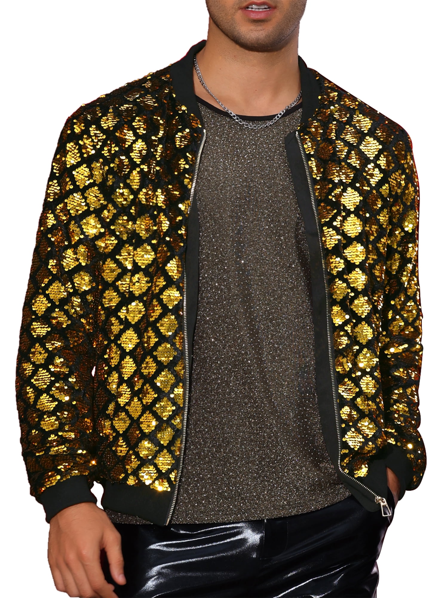 INSPIRE CHIC Men's Jacket Argyle Sequin Baseball Jacket Party Club ...
