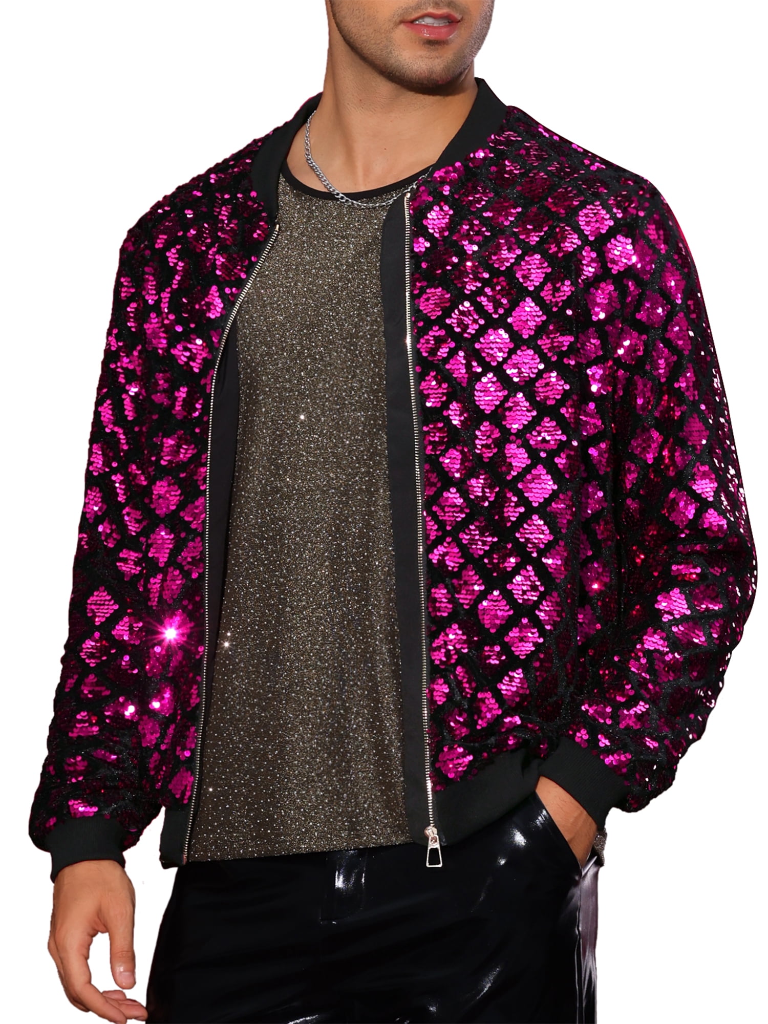 INSPIRE CHIC Men's Jacket Argyle Sequin Baseball Jacket Party Club ...