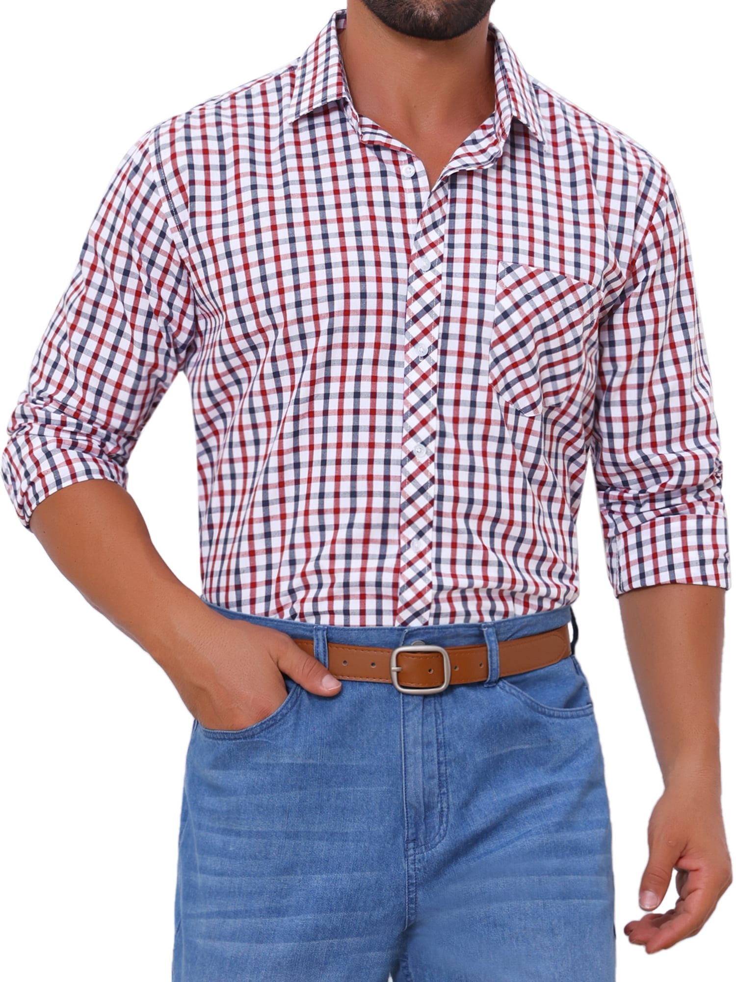INSPIRE CHIC Men's Long Sleeve Checked Dress Shirt Point Collar Button ...