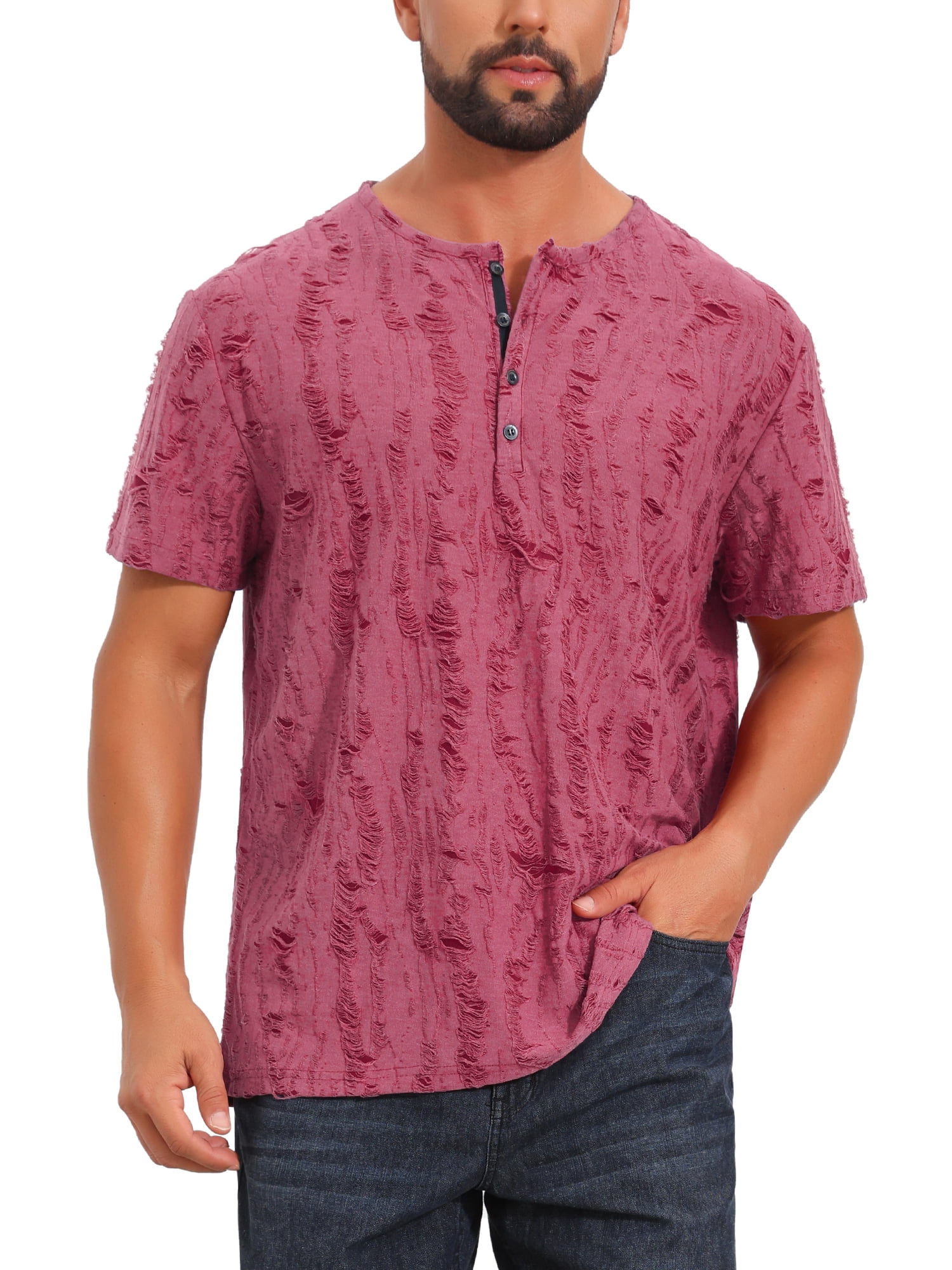 INSPIRE CHIC Men's Ripped Western Retro Short Sleeve Button Down Henley ...