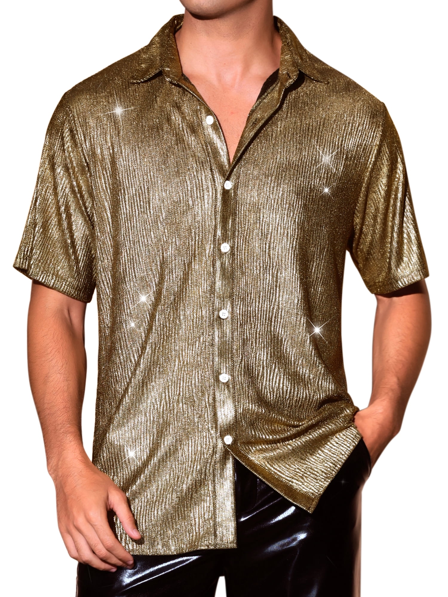 INSPIRE CHIC Men's Short Sleeve Button Disco Party Shining Metallic ...