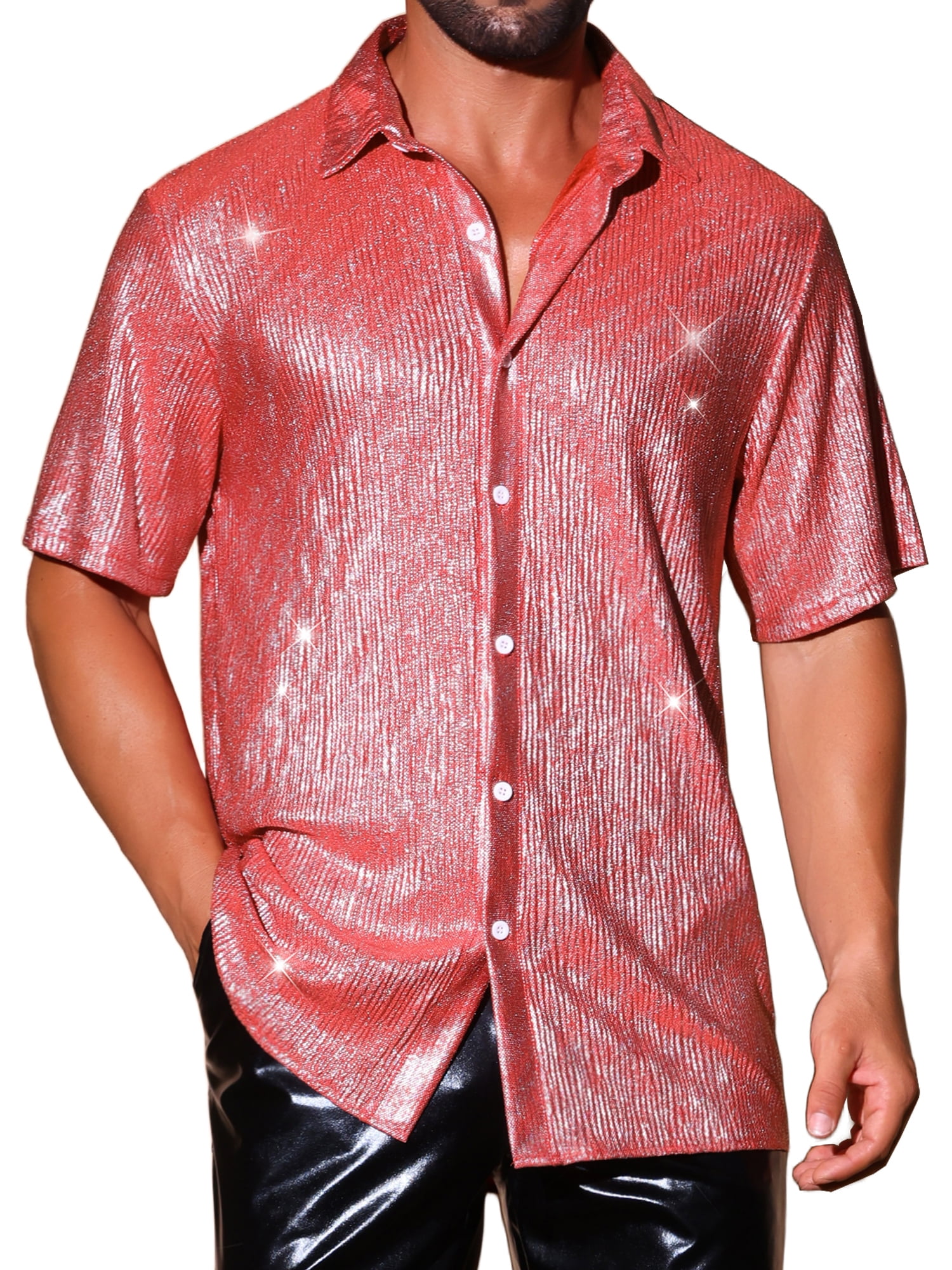 INSPIRE CHIC Men's Short Sleeve Button Disco Party Shining Metallic ...
