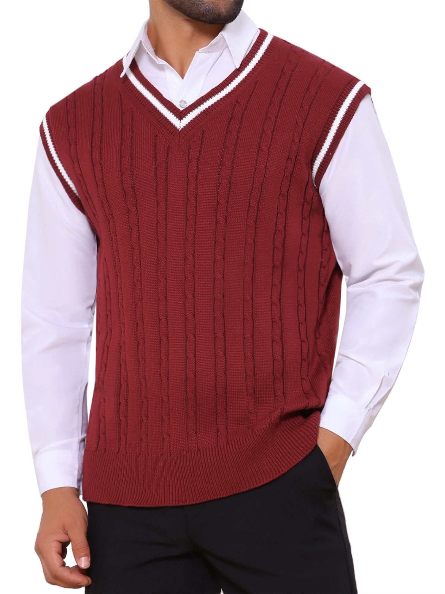 INSPIRE CHIC Men's Solid Color V-Neck Sleeveless Cable Knitted Sweater ...