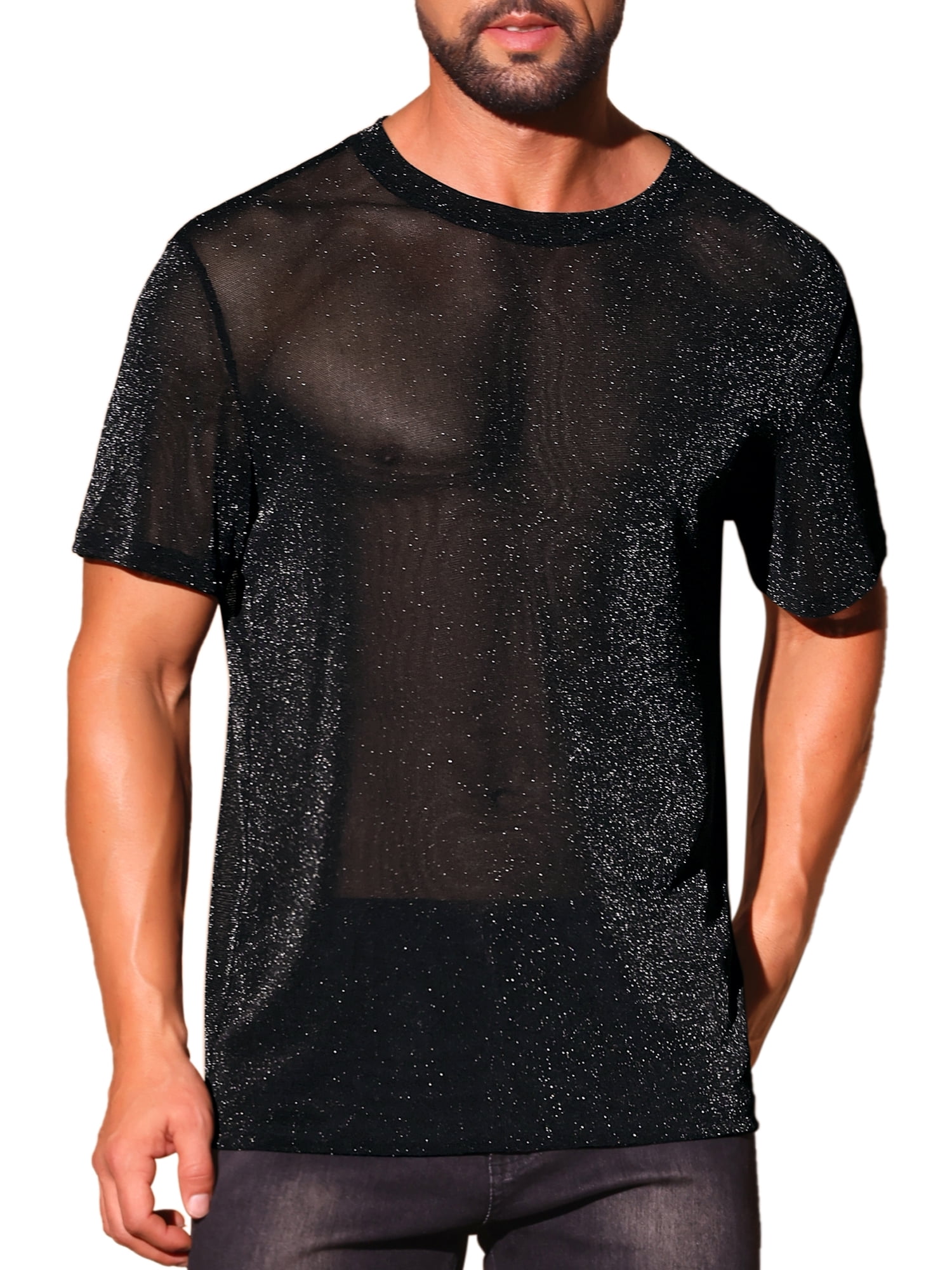 INSPIRE CHIC Men's Sparkle See Through Lightweight Short Sleeve Shiny ...