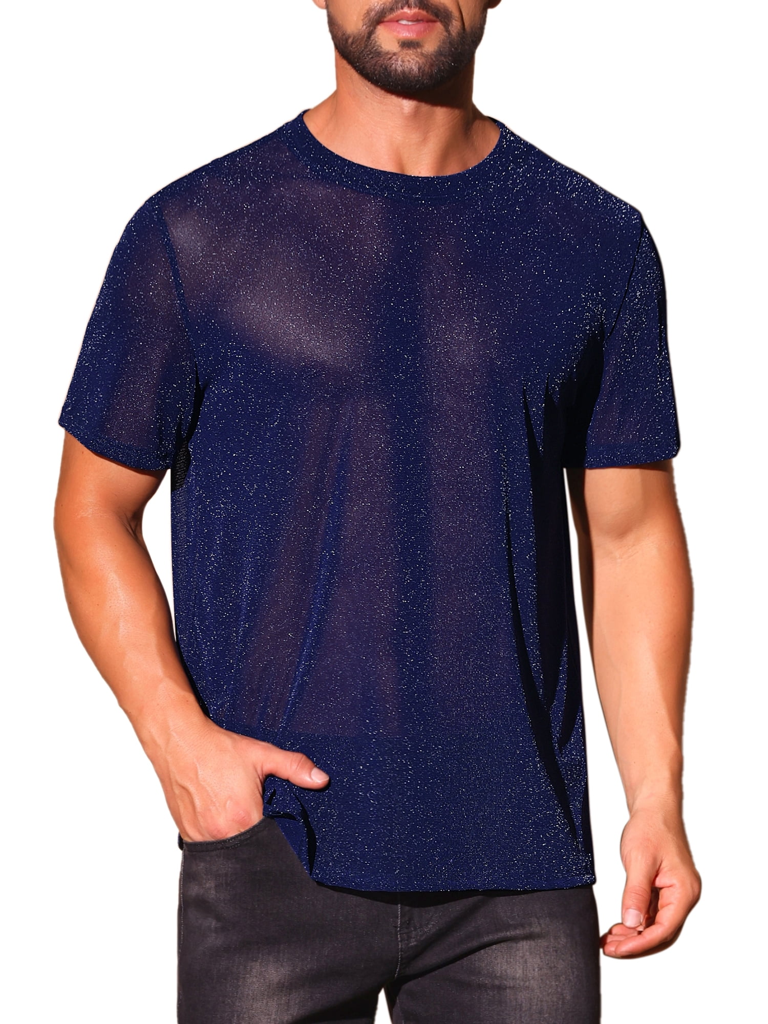 INSPIRE CHIC Men's Sparkle See Through Lightweight Short Sleeve Shiny ...