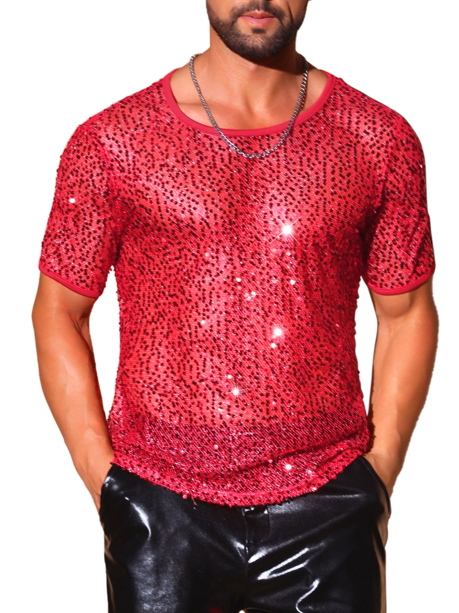 INSPIRE CHIC Men's Sparkly Sequins Short Sleeve Rave Festival See ...