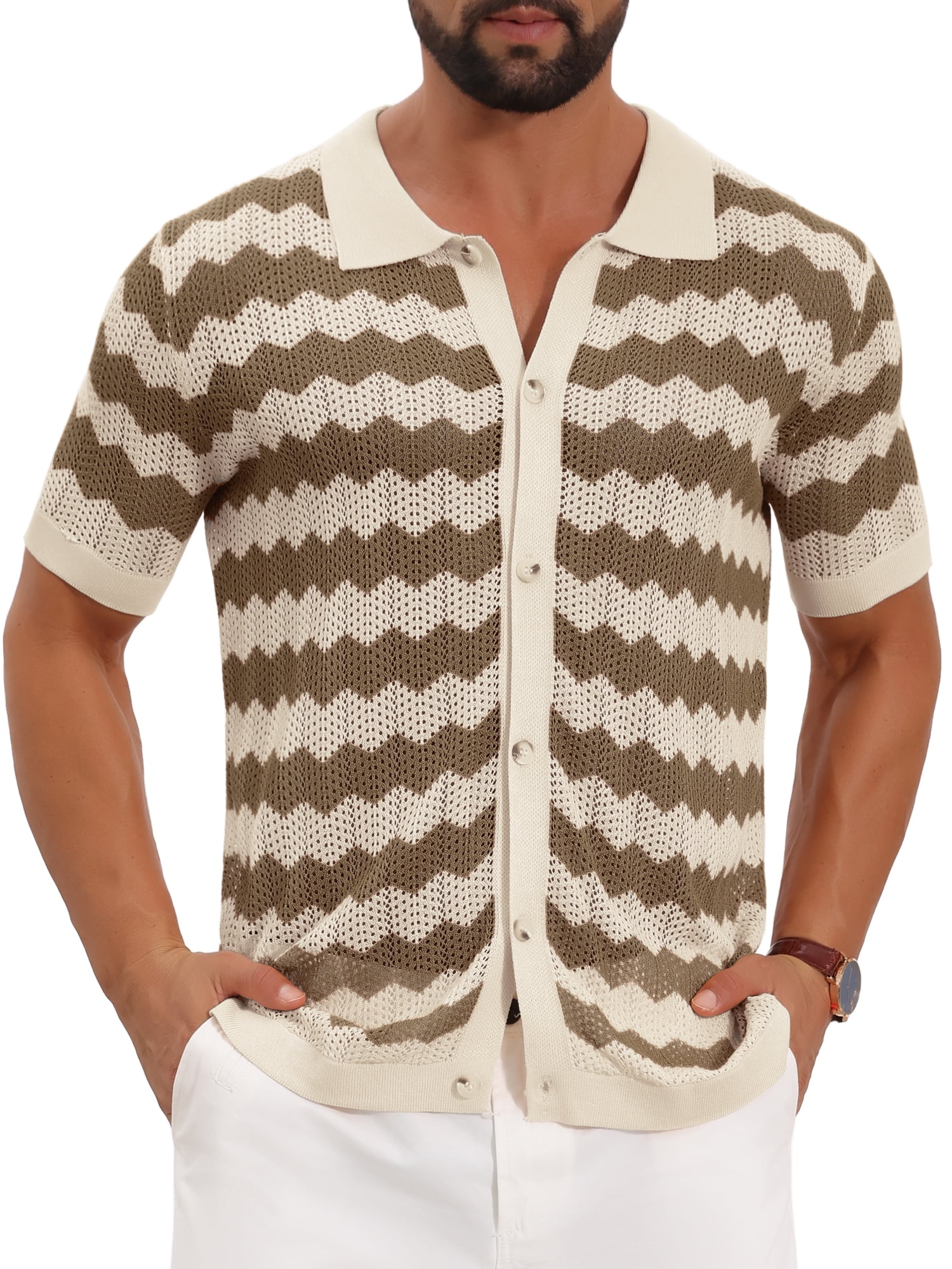 INSPIRE CHIC Men's Wave Crochet Shirt Hollow Short Sleeve Striped Knit ...