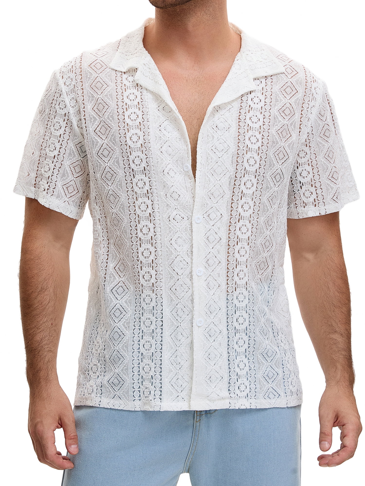 INSPIRE CHIC Mesh Shirt for Men's Camp Collar Short Sleeve Button Down ...