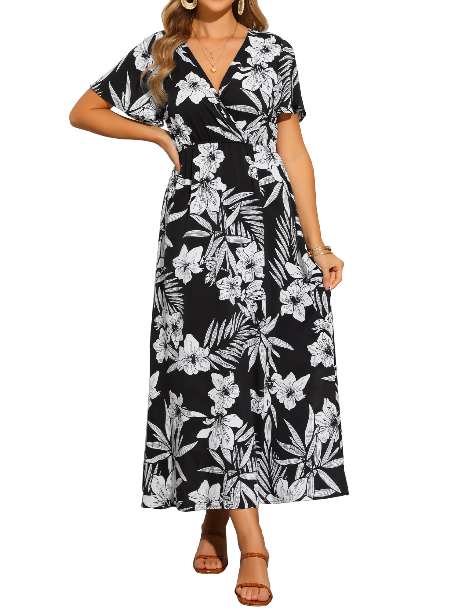 INSPIRE CHIC Midi Floral Dresses for Women's Flutter Sleeve Wrap V Neck Dress S Black - Walmart.com