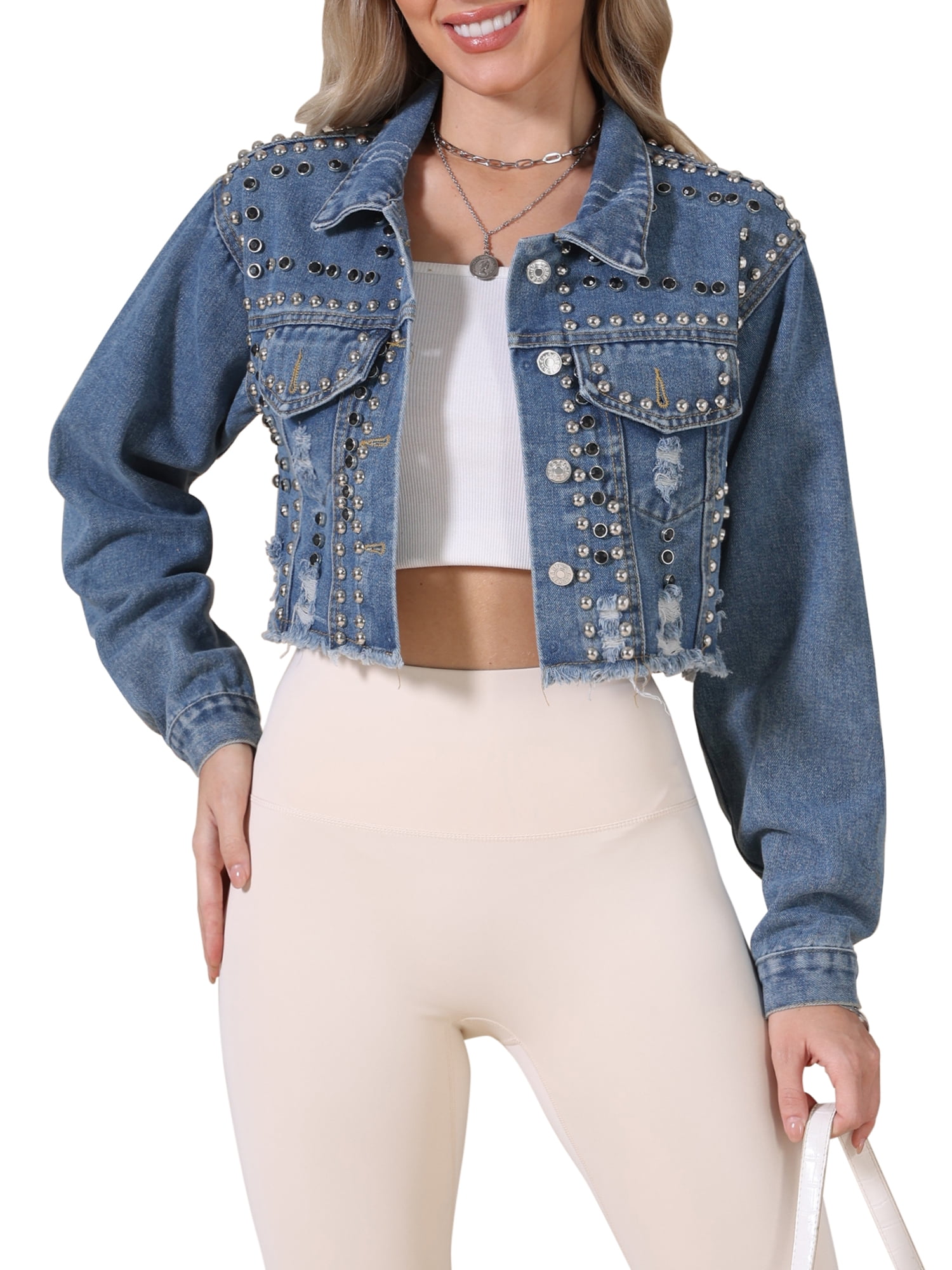 INSPIRE CHIC Rivet Studded Denim Jacket for Women's Cropped Casual Wash ...