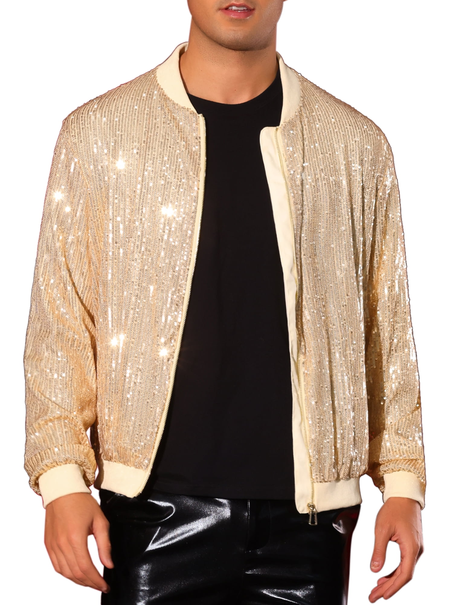 INSPIRE CHIC Sequin Varsity Jacket for Men's 70s Disco Zipper Party ...