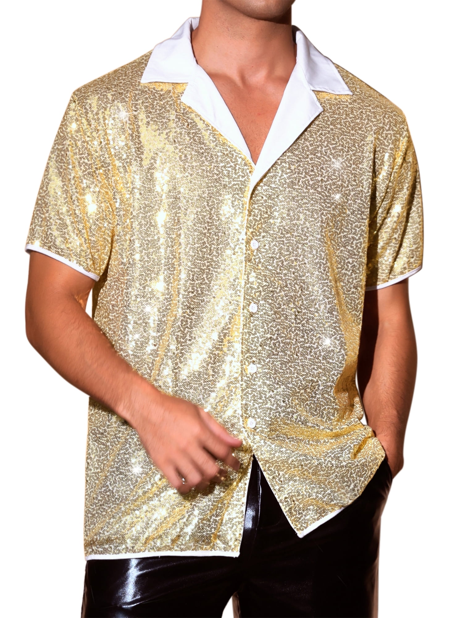 INSPIRE CHIC Sequins Shirts for Men's Camp Collar Short Sleeve Button ...