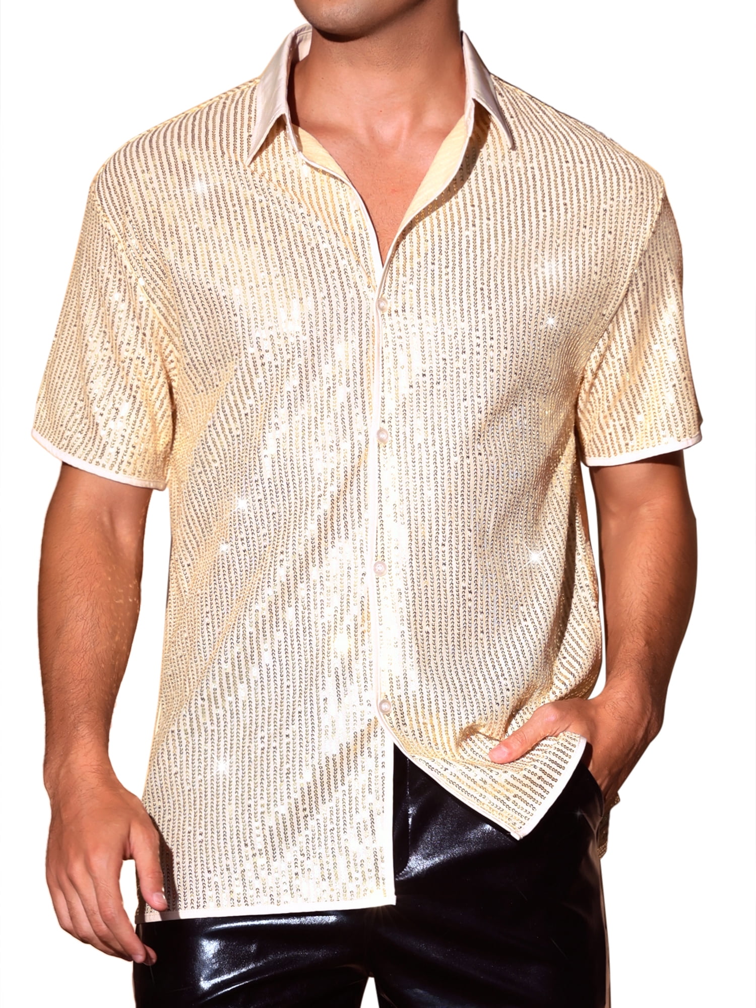 INSPIRE CHIC Sequins Shirts for Men's Retro Button Down Short Sleeve ...
