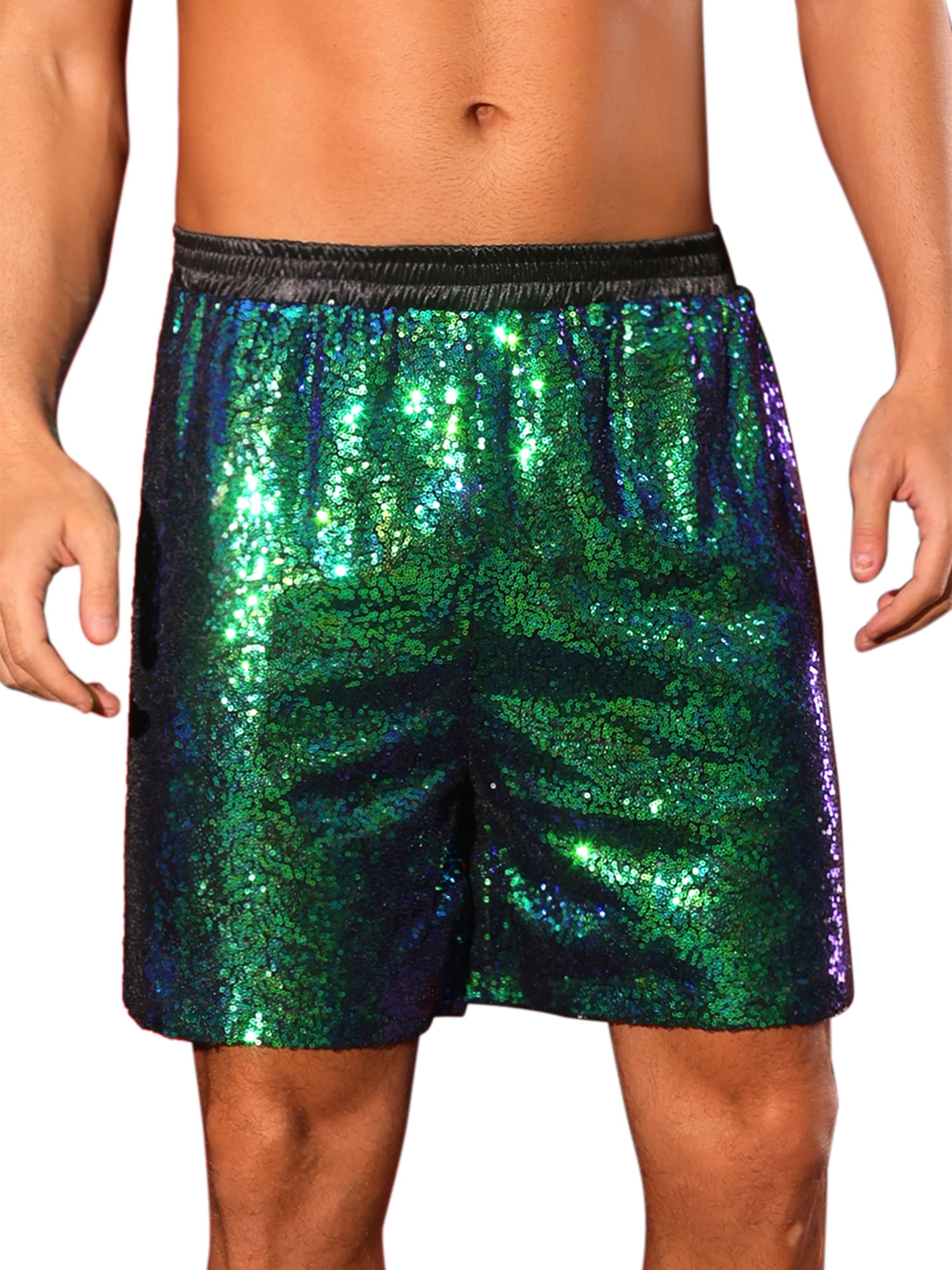 INSPIRE CHIC Sequins Shorts for Men's Elastic Waist Party Disco Sparkly Glitter Nightclub with ...