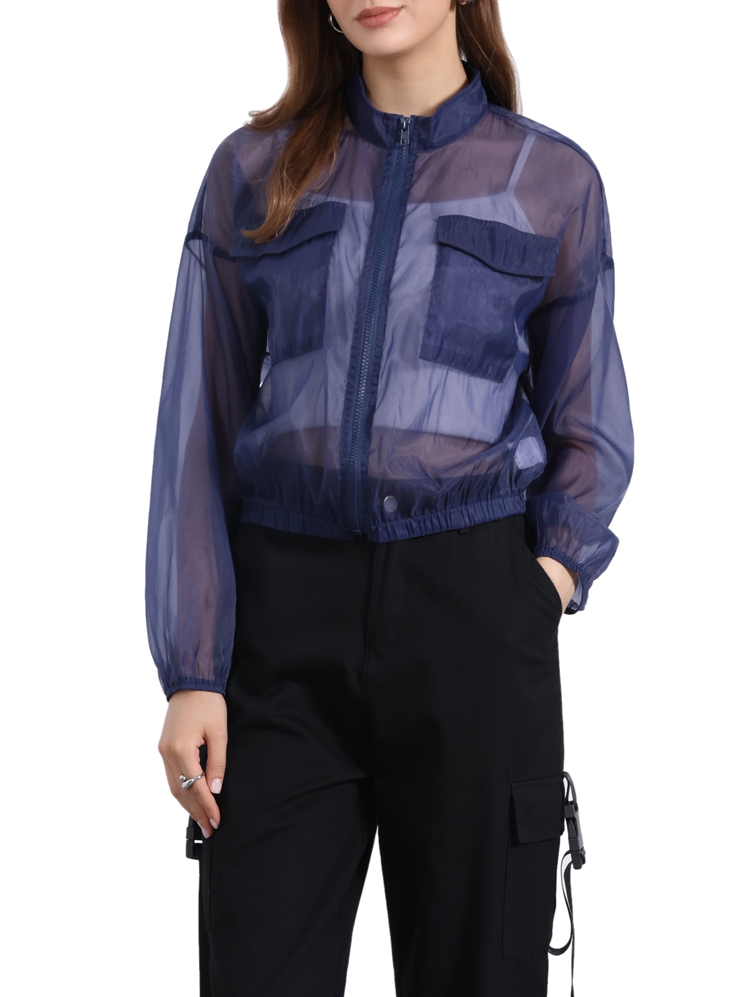 INSPIRE CHIC Sheer Bomber Jacket for Women's Zip Up Long Sleeve See ...