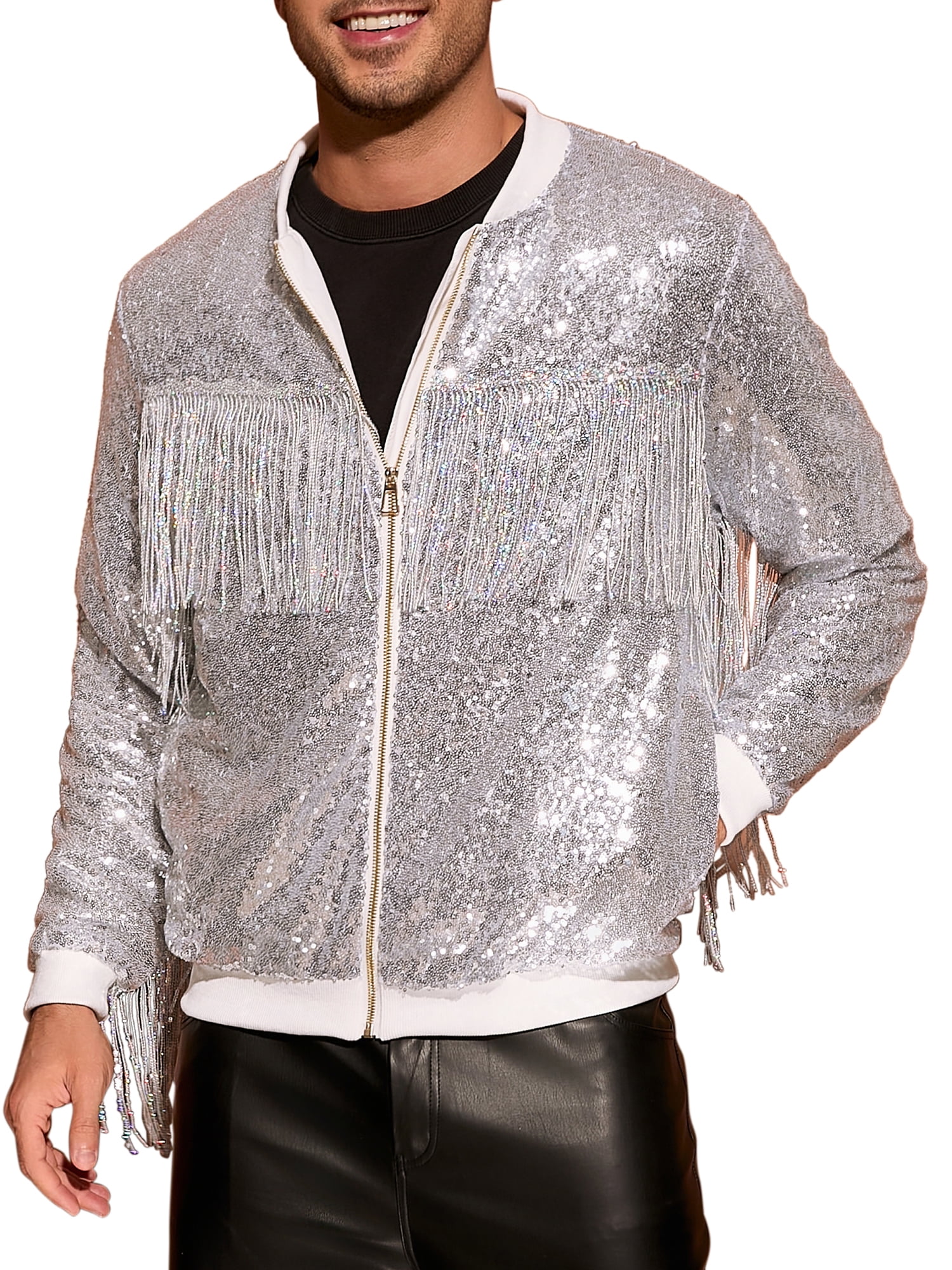 INSPIRE CHIC Shiny Varsity Jacket for Men's Zipper 70s Disco Sparkly ...