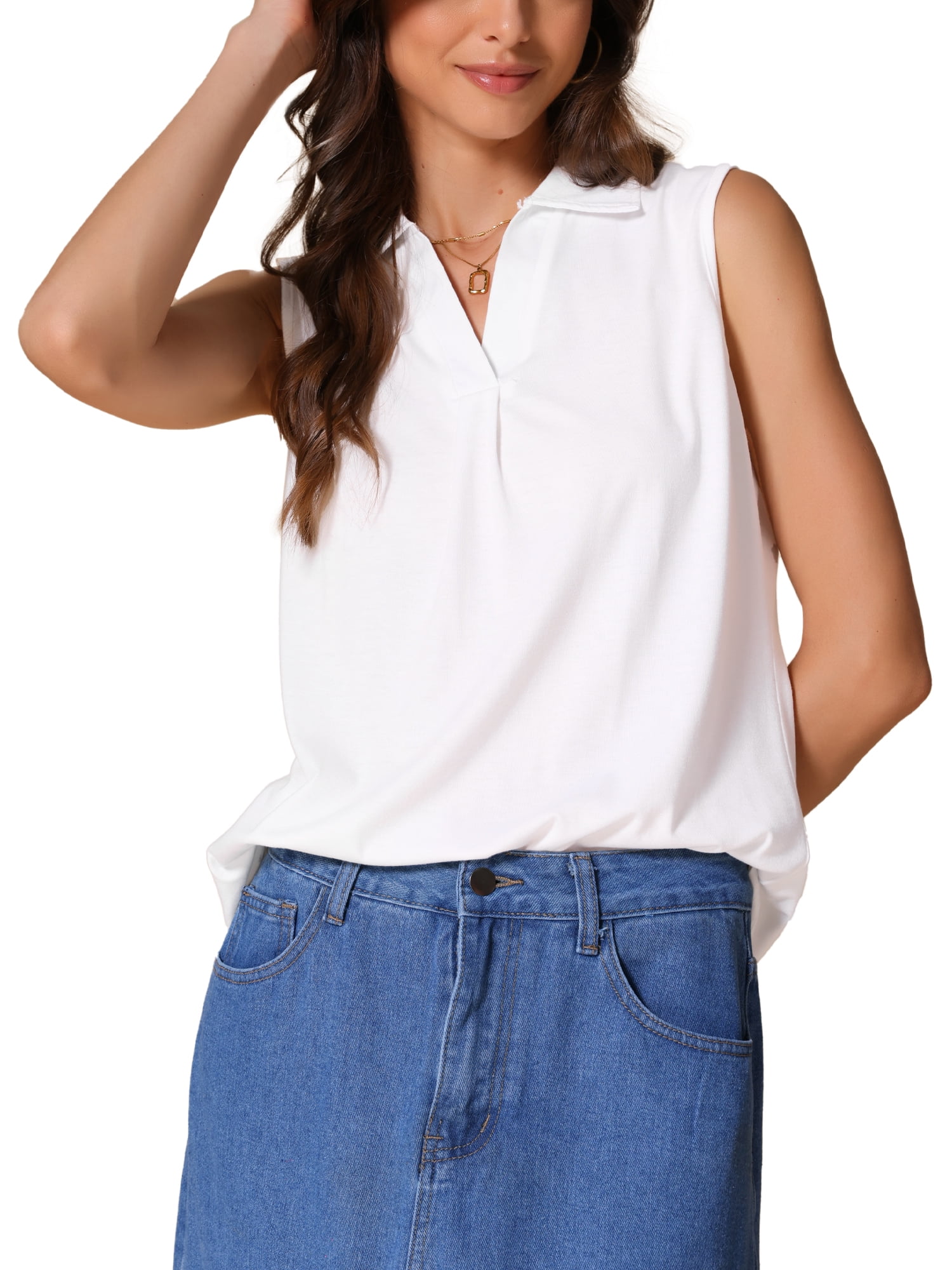 INSPIRE CHIC Sleeveless Top for Women V Neck Loose Shirt Solid Collar ...