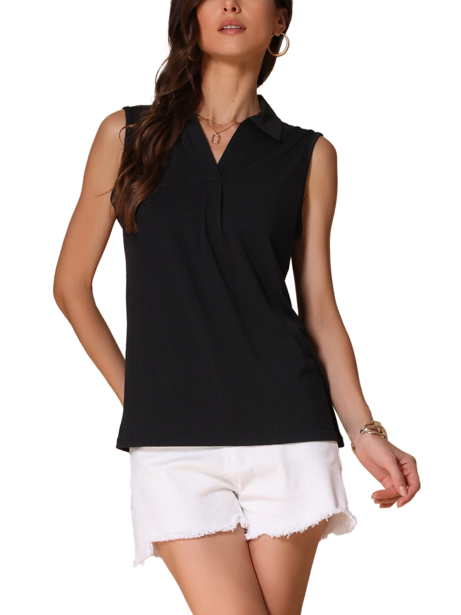 INSPIRE CHIC Sleeveless Top for Women V Neck Loose Shirt Solid Collar ...